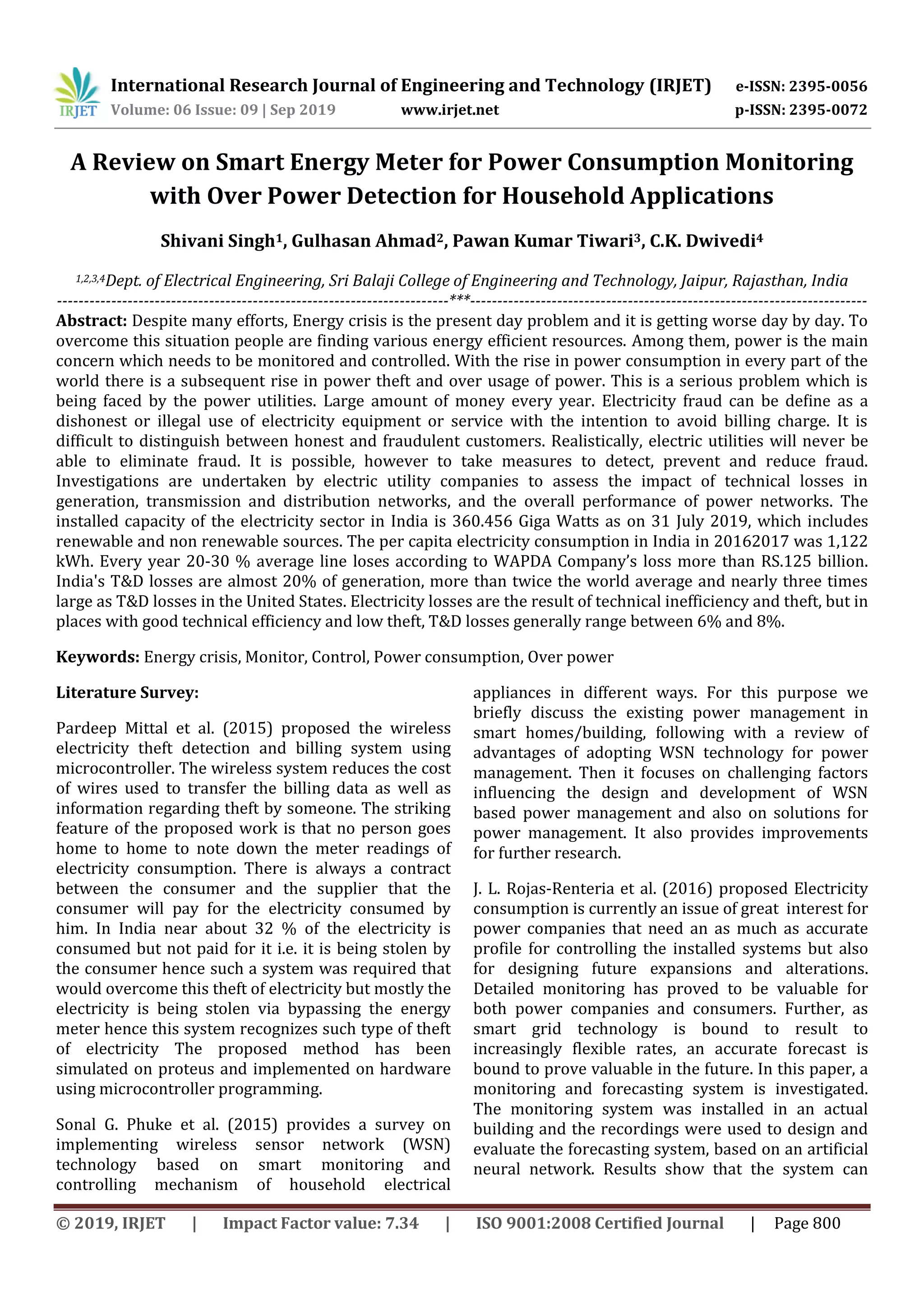 IRJET- A Review on Smart Energy Meter for Power Consumption Monitoring with Over Power Detection ...
