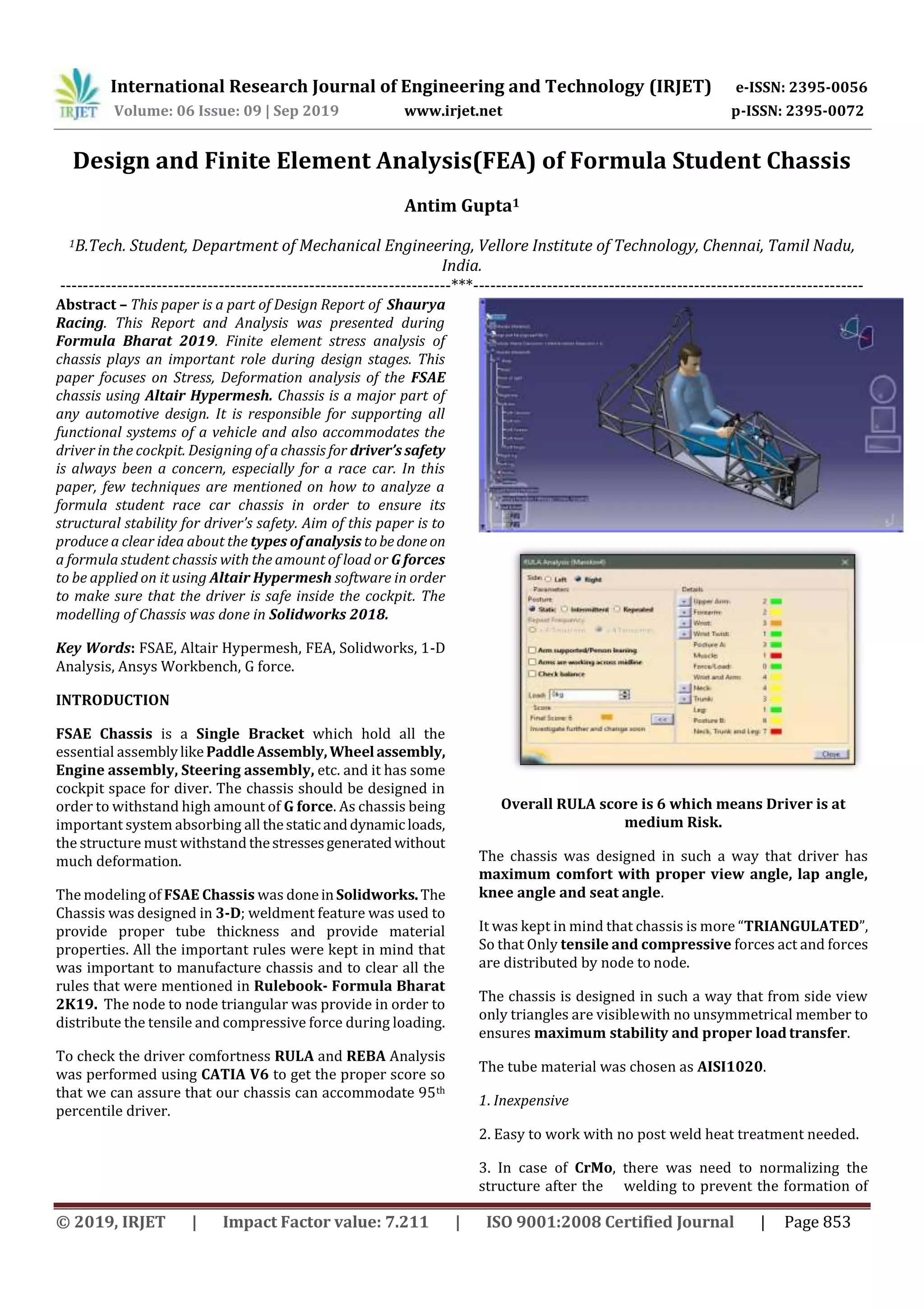 IRJET- Design and Finite Element Analysis(FEA) of Formula Student Chassis | PDF
