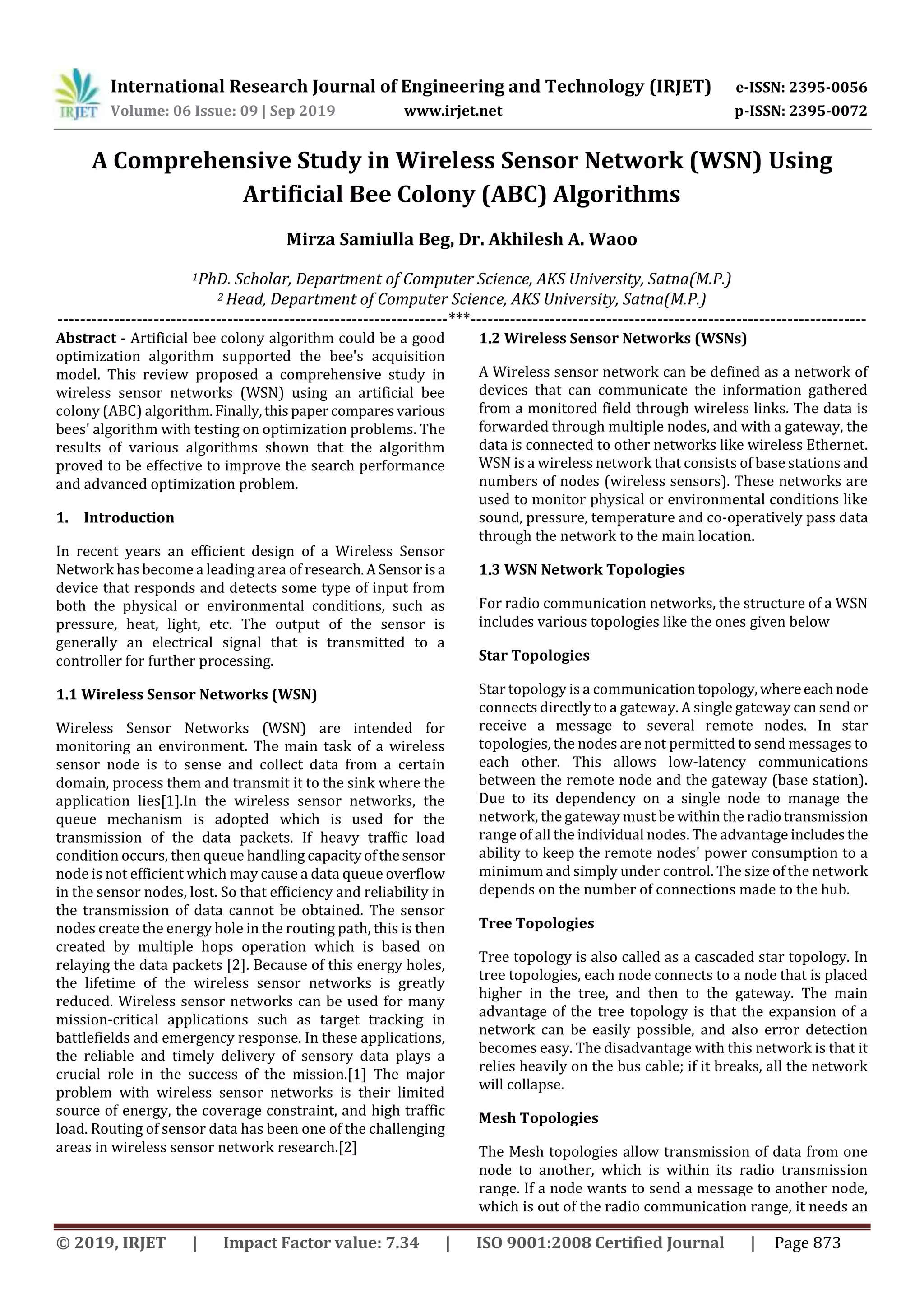 IRJET- A Comprehensive Study in Wireless Sensor Network (WSN) using Artificial Bee Colony (ABC ...
