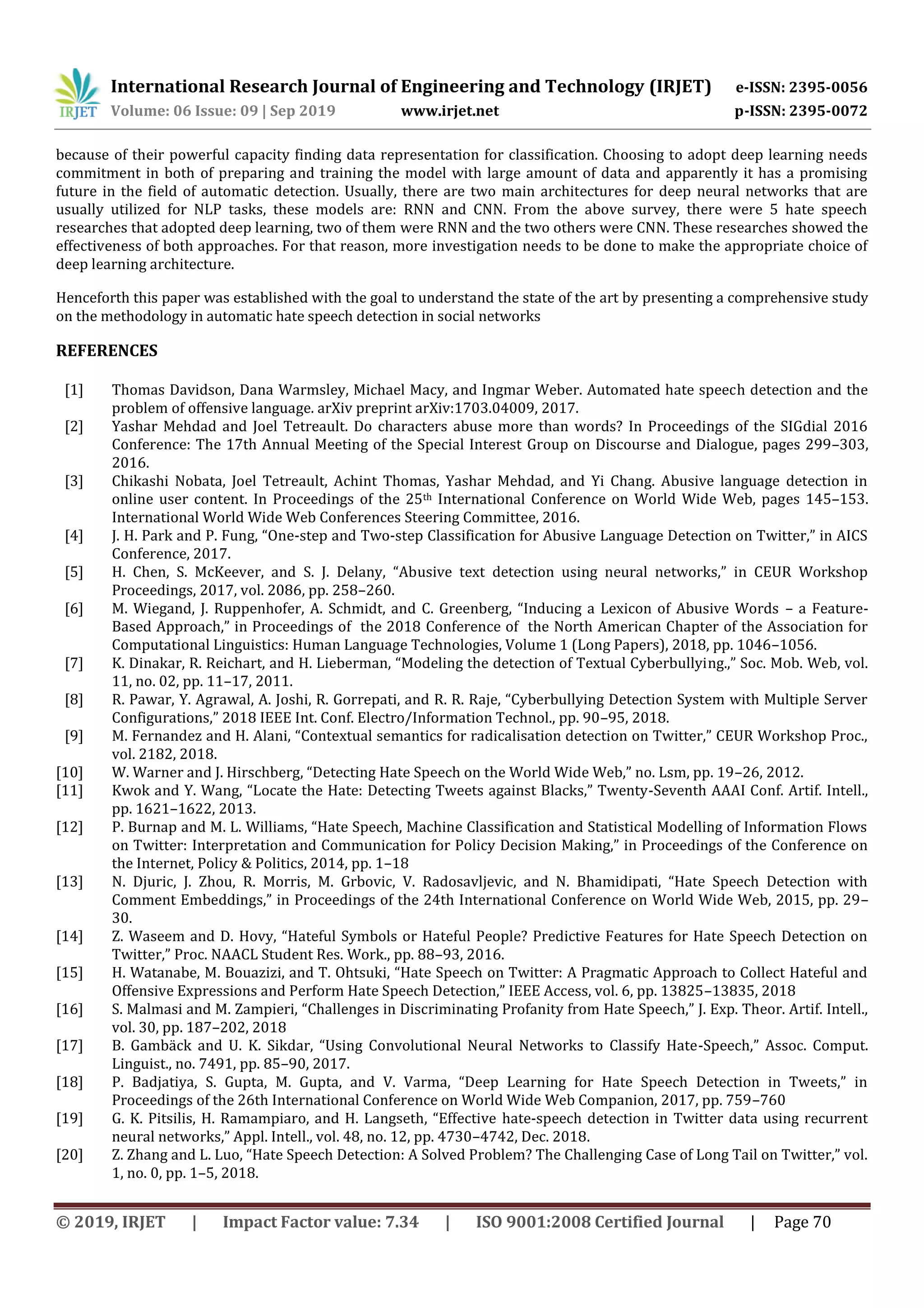 Irjet A Pragmatic Supervised Learning Methodology Of Hate Speech Detection In Social Media Pdf