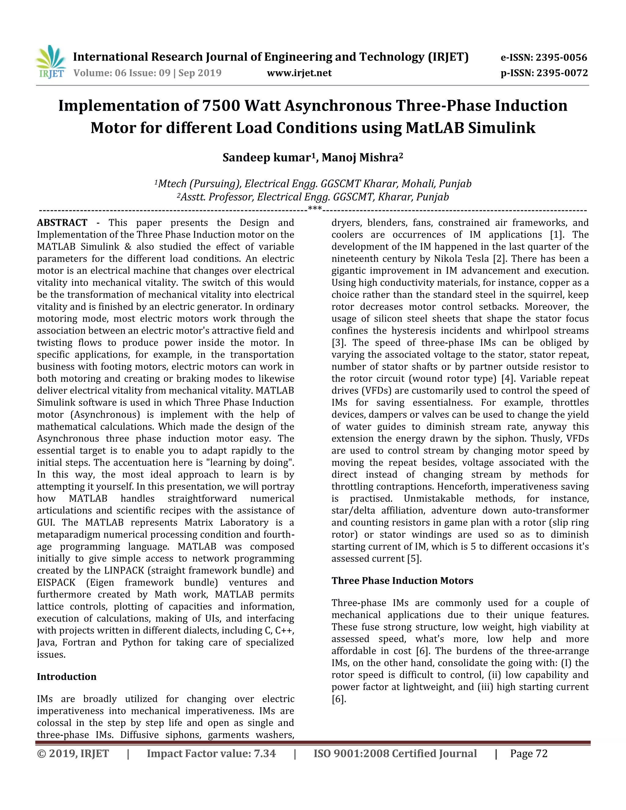 IRJET- Implementation of 7500 Watt Asynchronous Three-Phase Induction Motor for Different Load ...