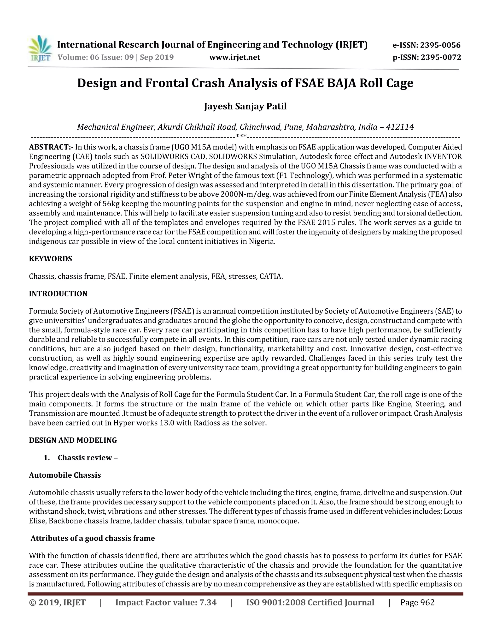 IRJET- Design and Frontal Crash Analysis of FSAE BAJA Roll Cage | PDF