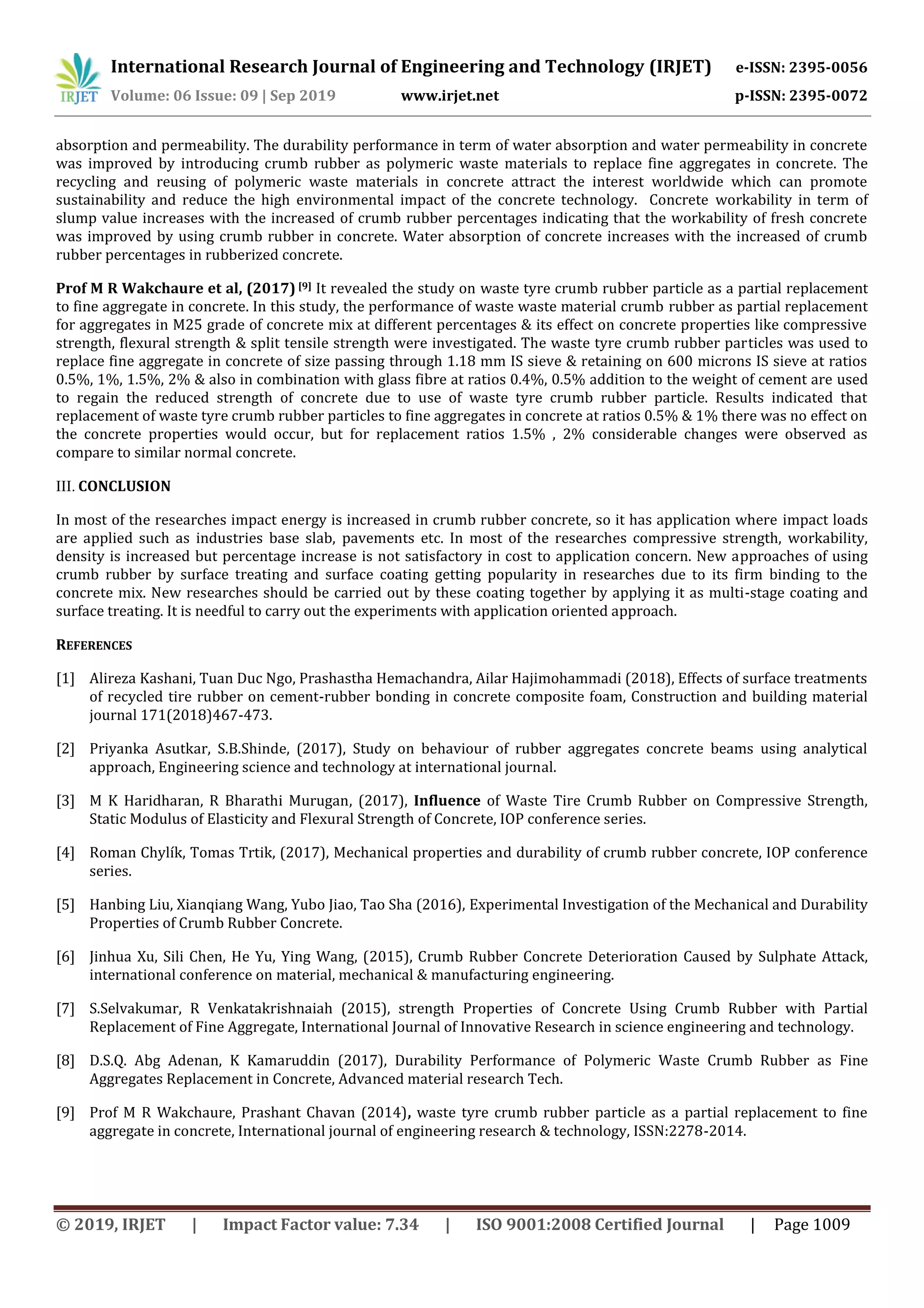 IRJET- A Review Paper on Experimental Investigation of Crumb Rubber ...
