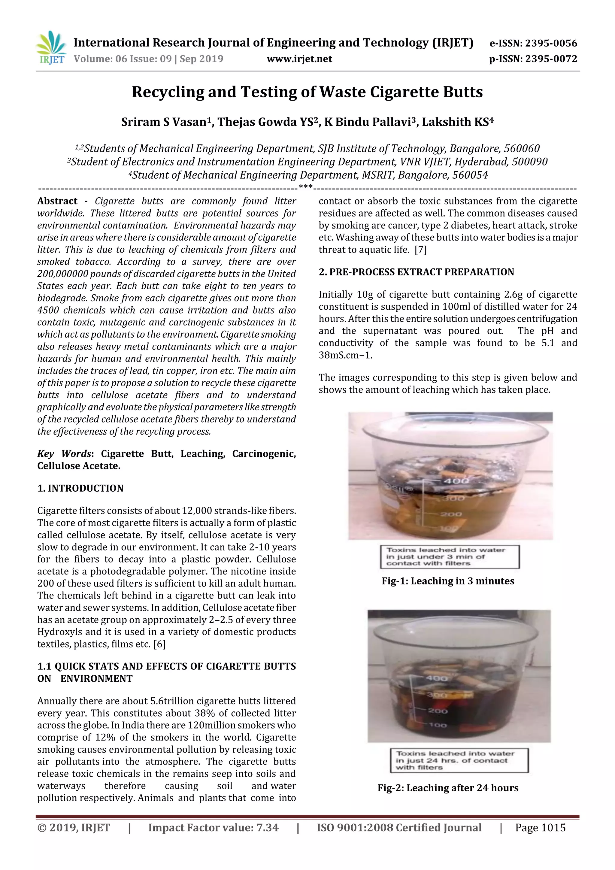 IRJET- Recycling and Testing of Waste Cigarette Butts | PDF