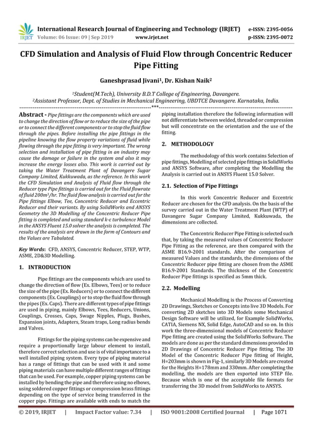 IRJET- CFD Simulation and Analysis of Fluid Flow through Concentric Reducer Pipe Fitting | PDF