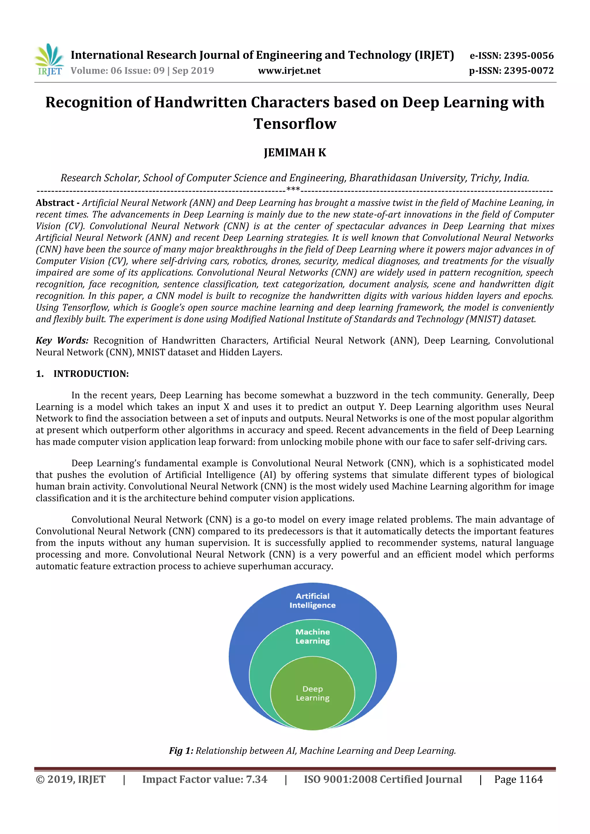 IRJET- Recognition of Handwritten Characters based on Deep Learning ...
