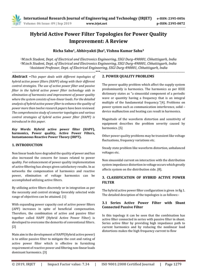 IRJET- Hybrid Active Power Filter Topologies for Power Quality Improvement: A Review | PDF