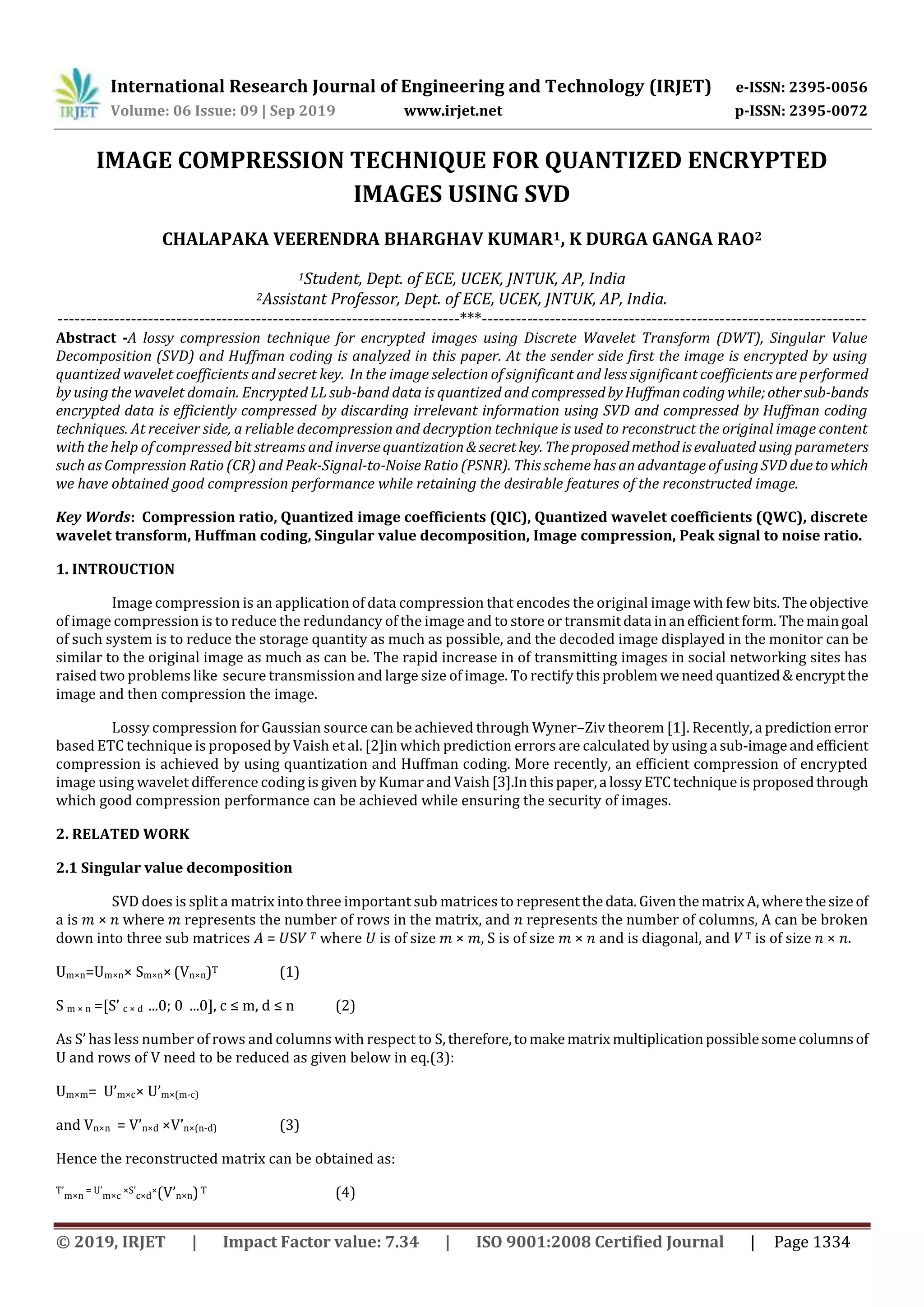 IRJET- Image Compression Technique for Quantized Encrypted Images using SVD | PDF