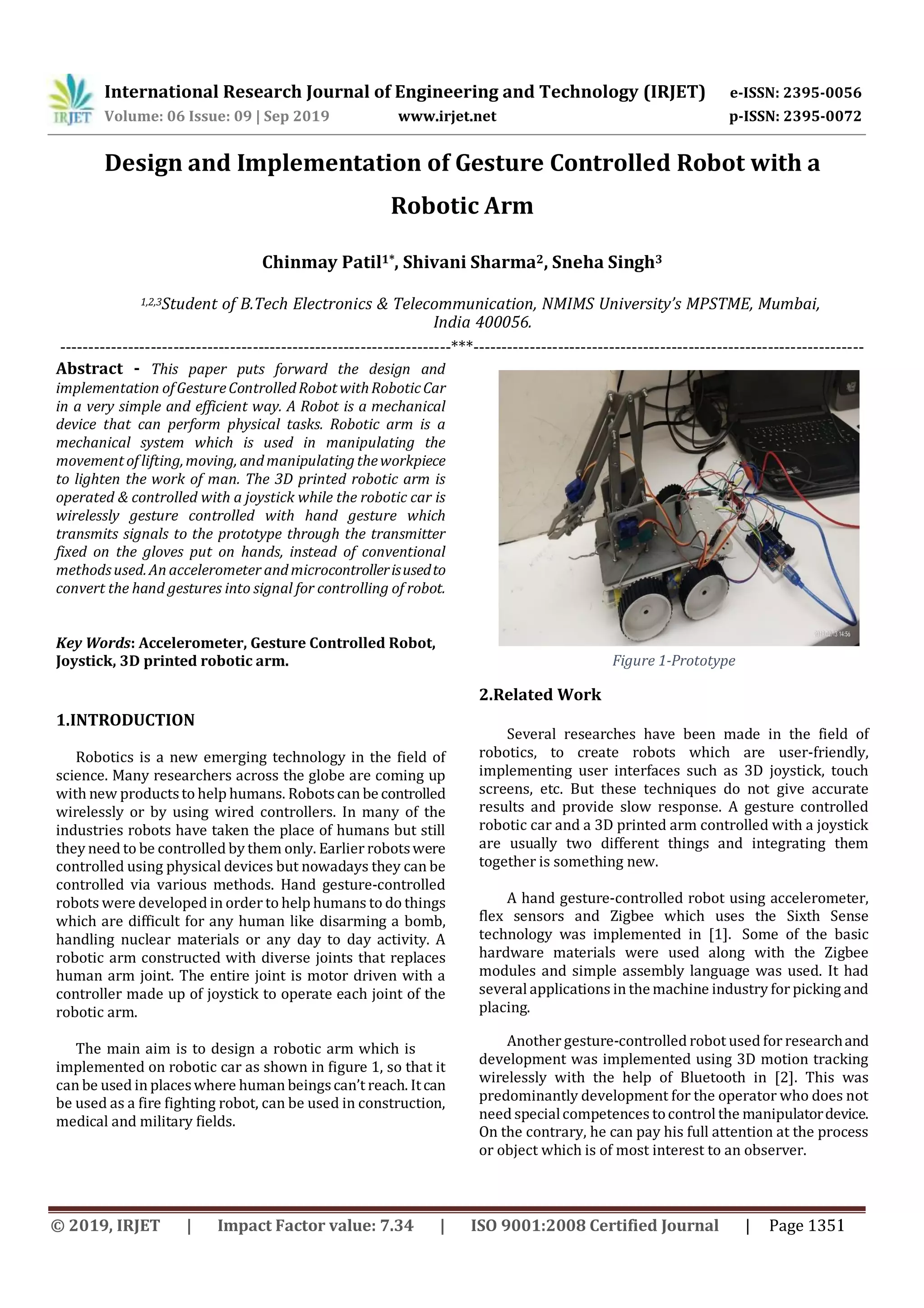 IRJET- Design and Implementation of Gesture Controlled Robot with a Robotic ARM | PDF