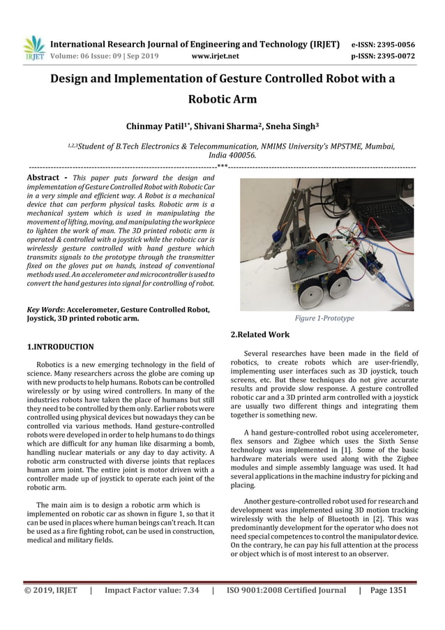 IRJET- Design and Implementation of Gesture Controlled Robot with a Robotic ARM | PDF