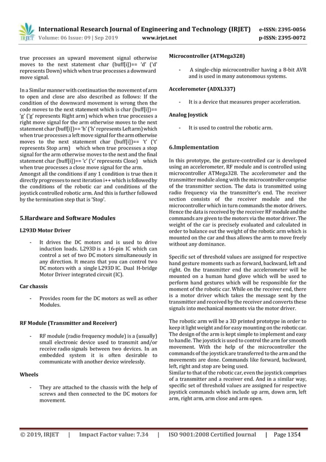IRJET- Design and Implementation of Gesture Controlled Robot with a Robotic ARM | PDF