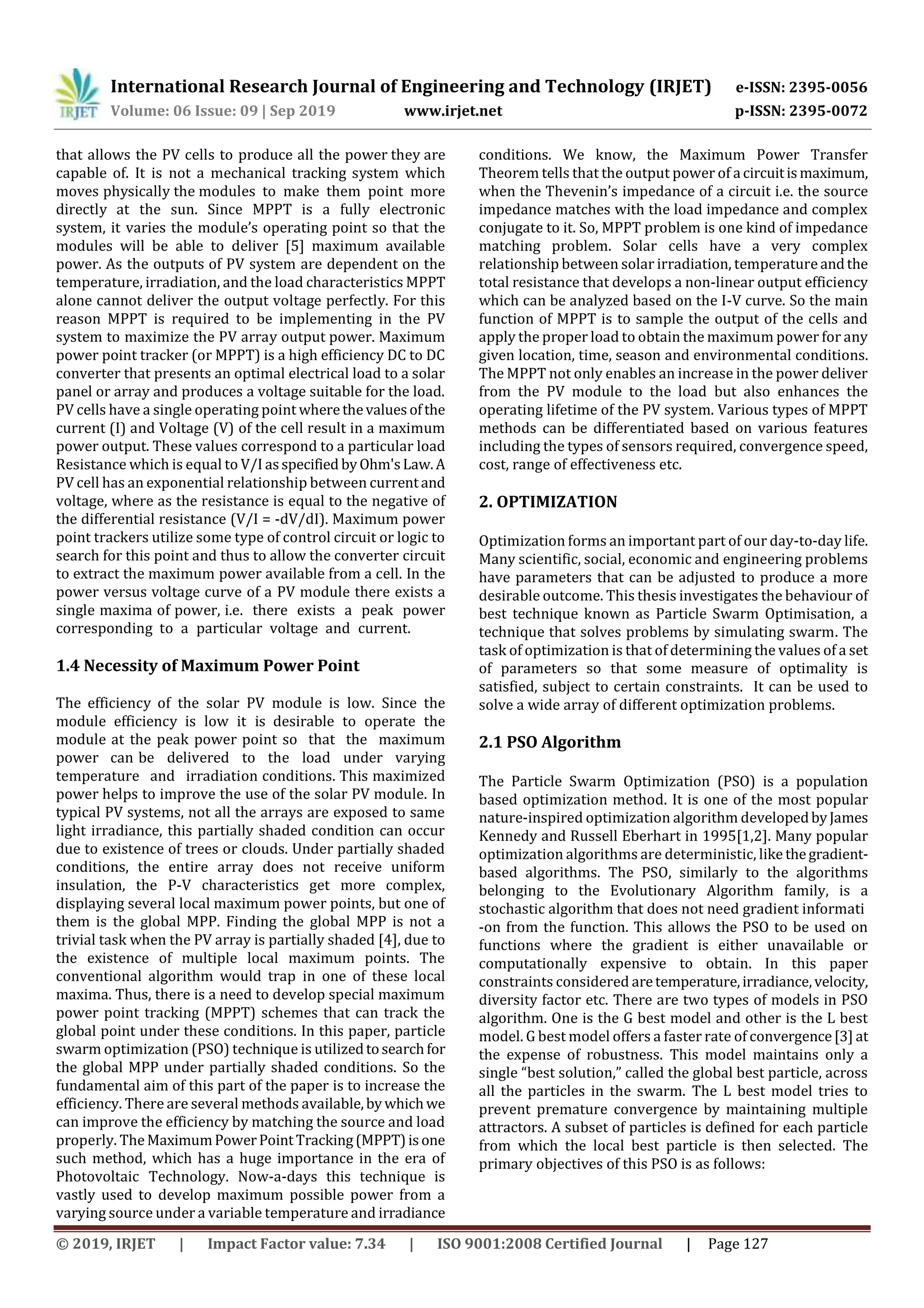 Irjet Maximum Power Point Tracking Of Pv System By Particle Swarm Optimization Algorithm Pdf