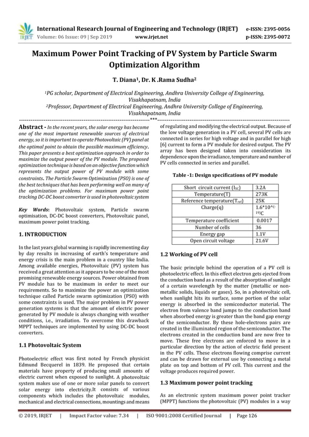 Irjet Maximum Power Point Tracking Of Pv System By Particle Swarm Optimization Algorithm Pdf