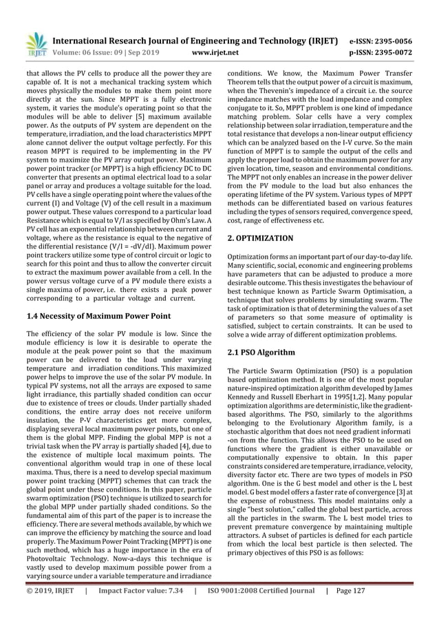 Irjet Maximum Power Point Tracking Of Pv System By Particle Swarm Optimization Algorithm Pdf