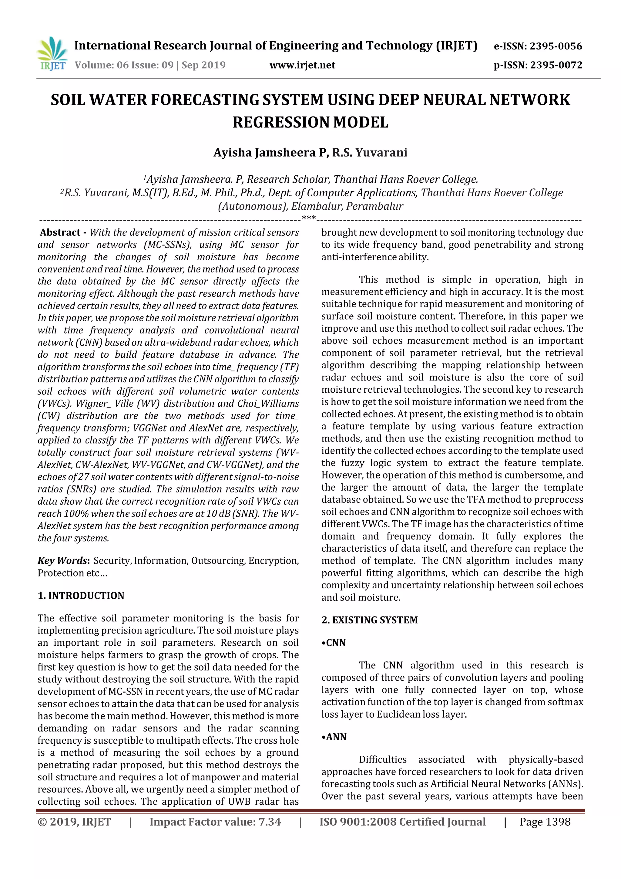 IRJET- Soil Water Forecasting System using Deep Neural Network Regression Model | PDF