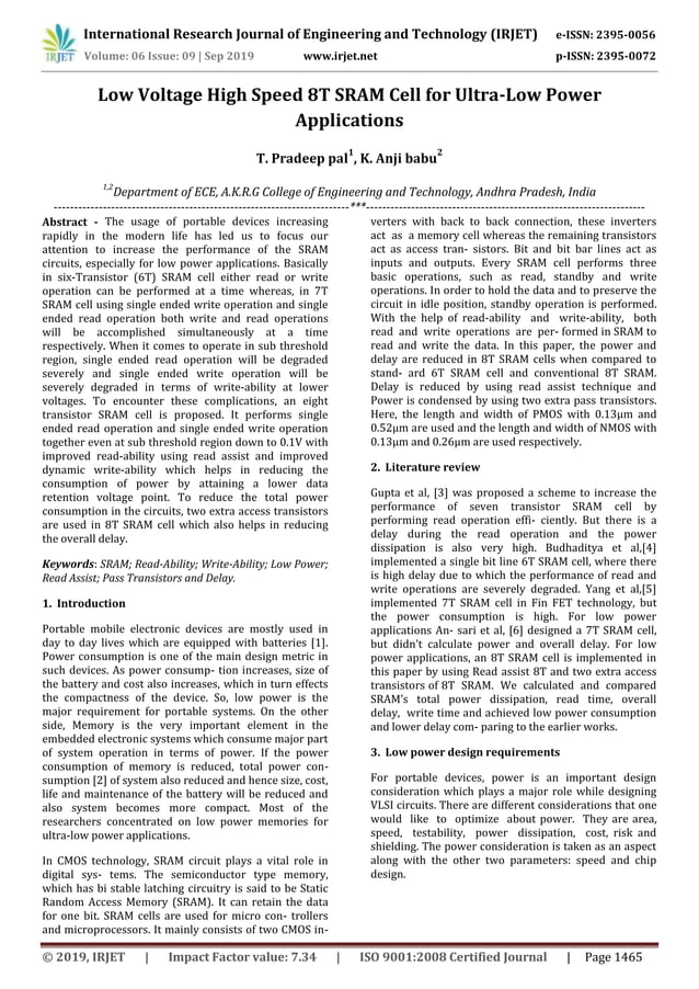 IRJET- Low Voltage High Speed 8T SRAM Cell for Ultra-Low Power Applications | PDF