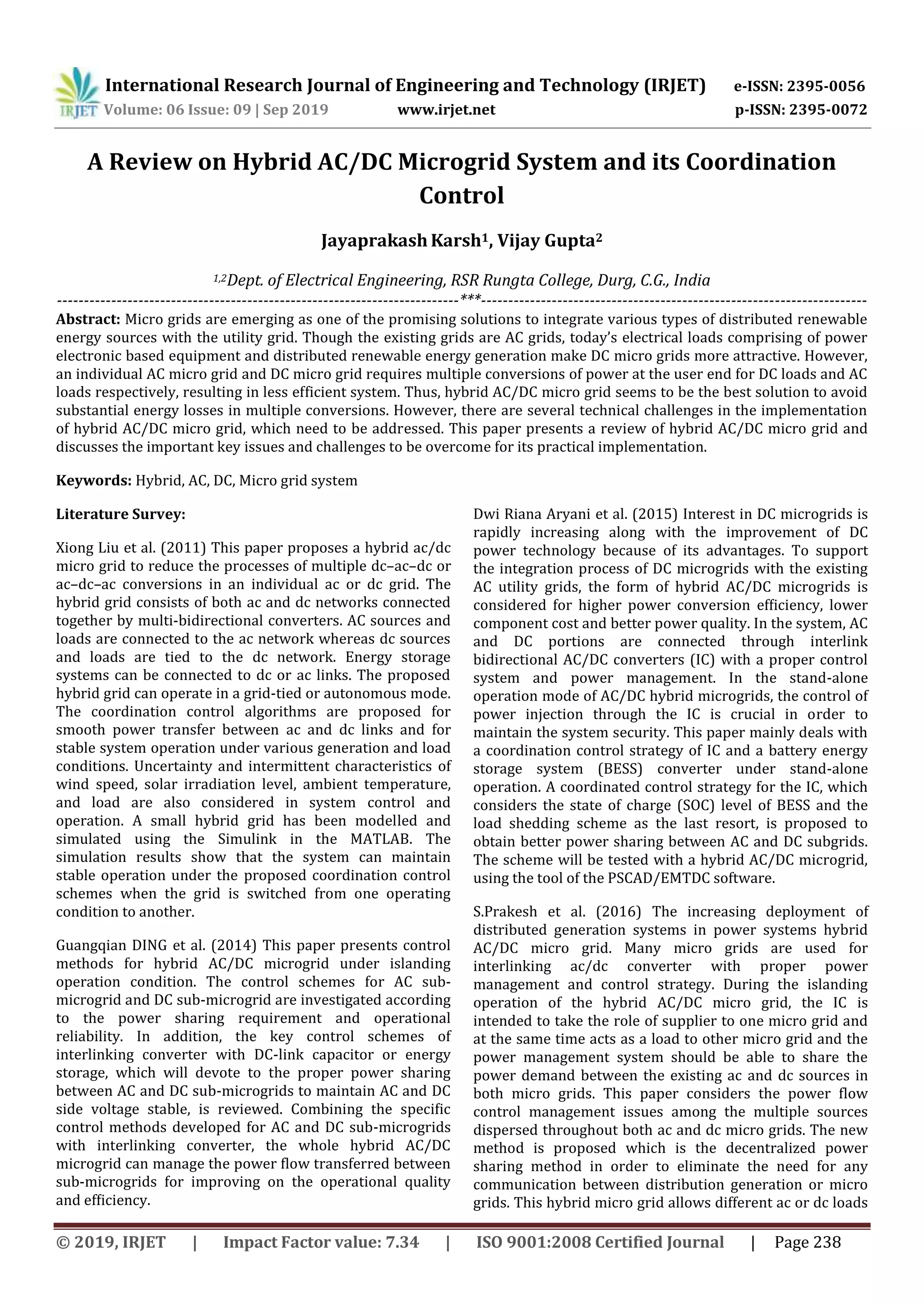 IRJET- A Review on Hybrid AC/DC Microgrid System and its Coordination Control | PDF