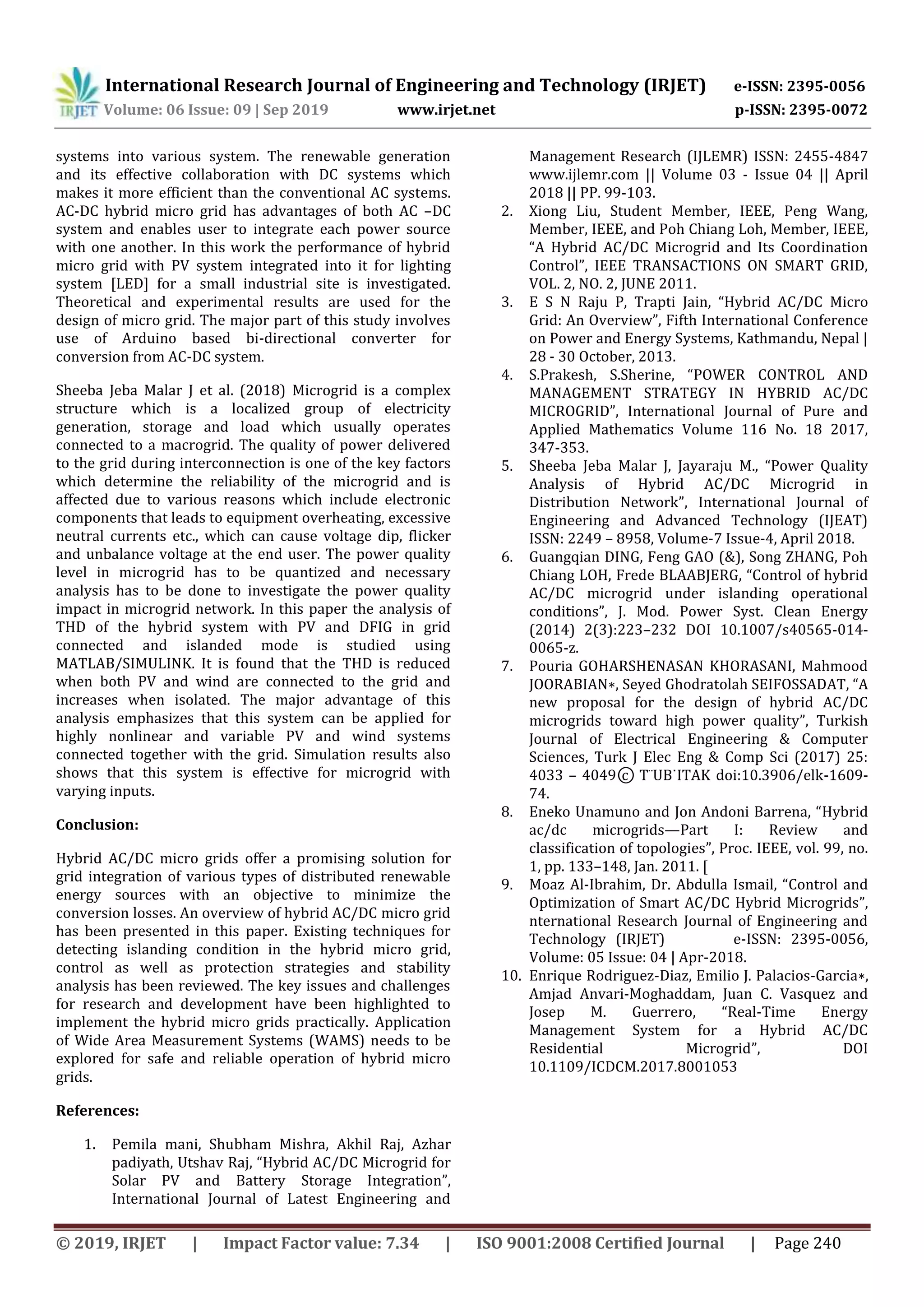 IRJET- A Review on Hybrid AC/DC Microgrid System and its Coordination Control | PDF