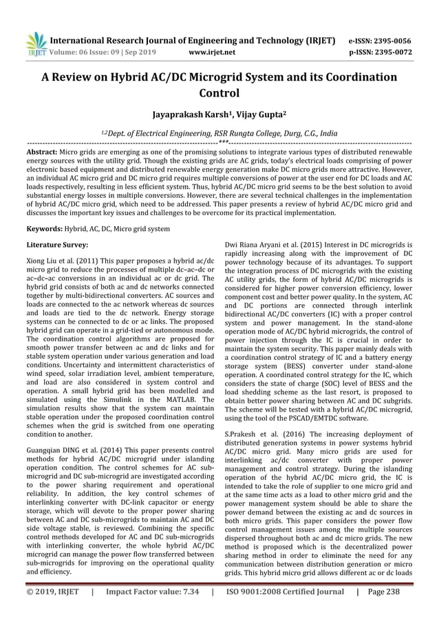 IRJET- A Review on Hybrid AC/DC Microgrid System and its Coordination Control | PDF