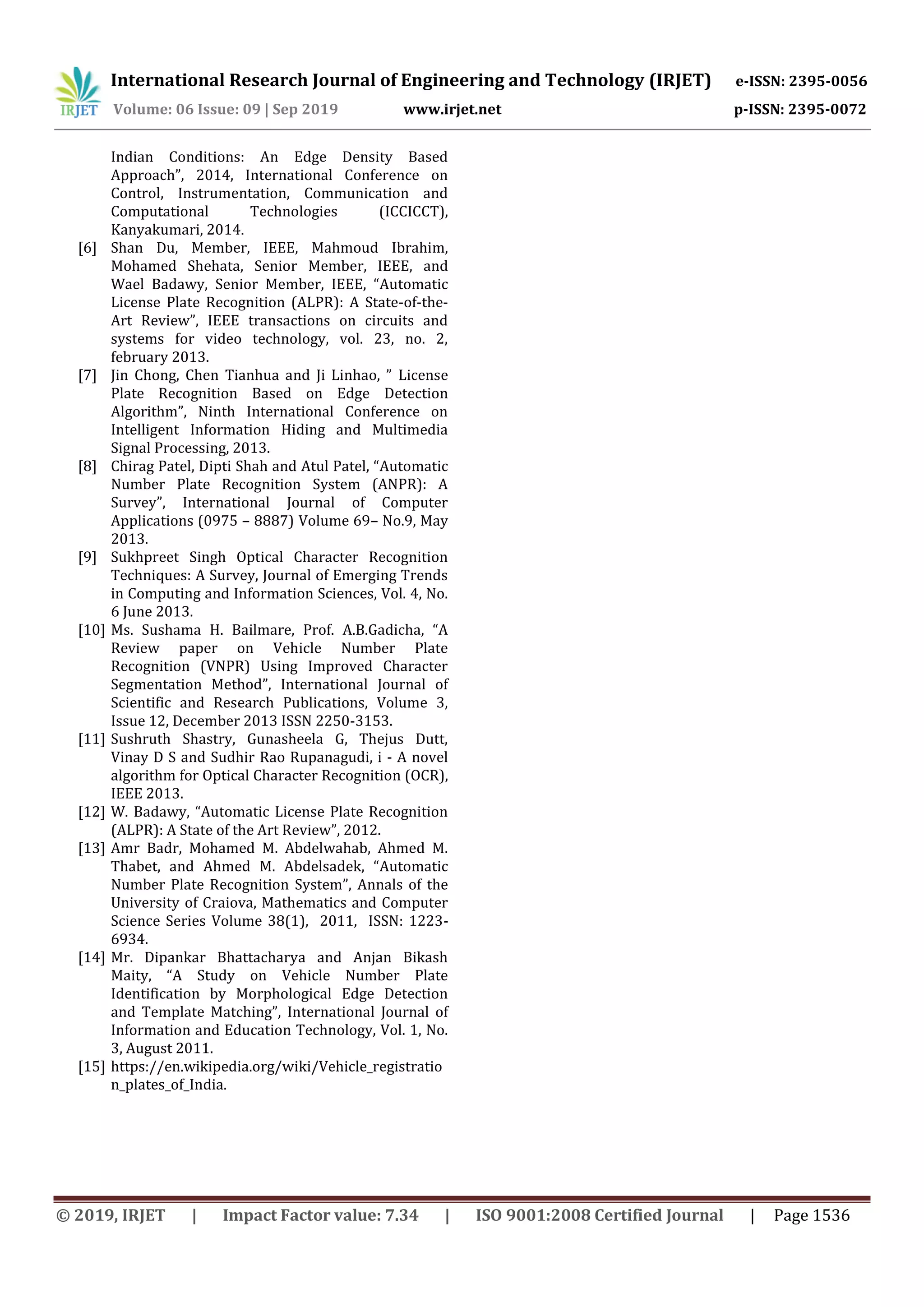 Irjet Features Extraction Ocr Algorithm In Indian License Plates Pdf