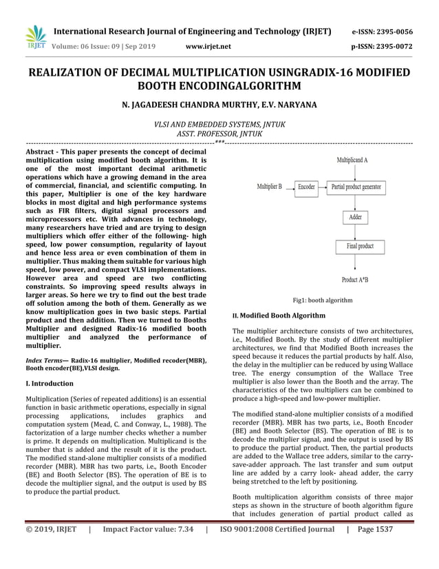 IRJET- Realization of Decimal Multiplication using Radix-16 Modified ...