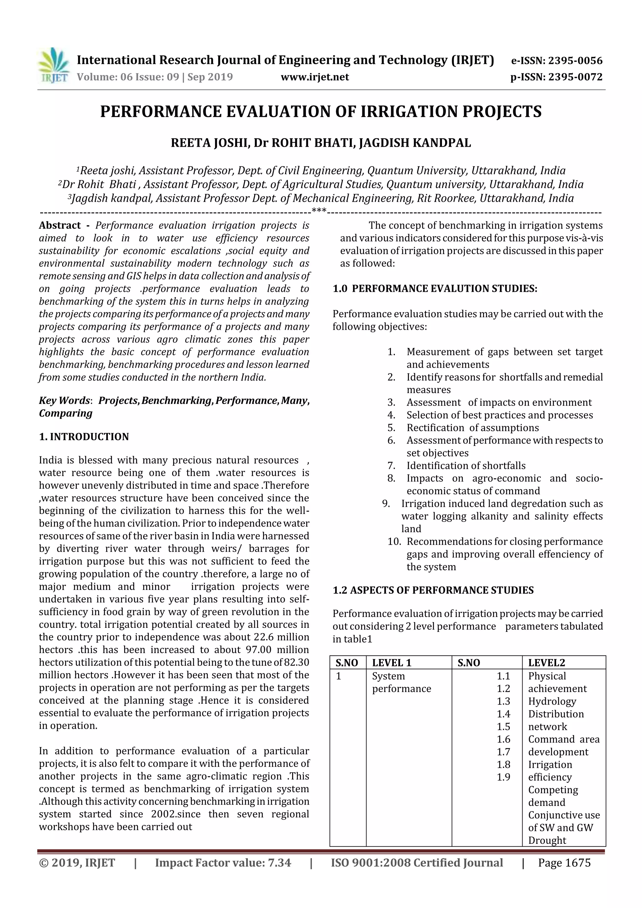 IRJET- Performance Evaluation of Irrigation Projects | PDF