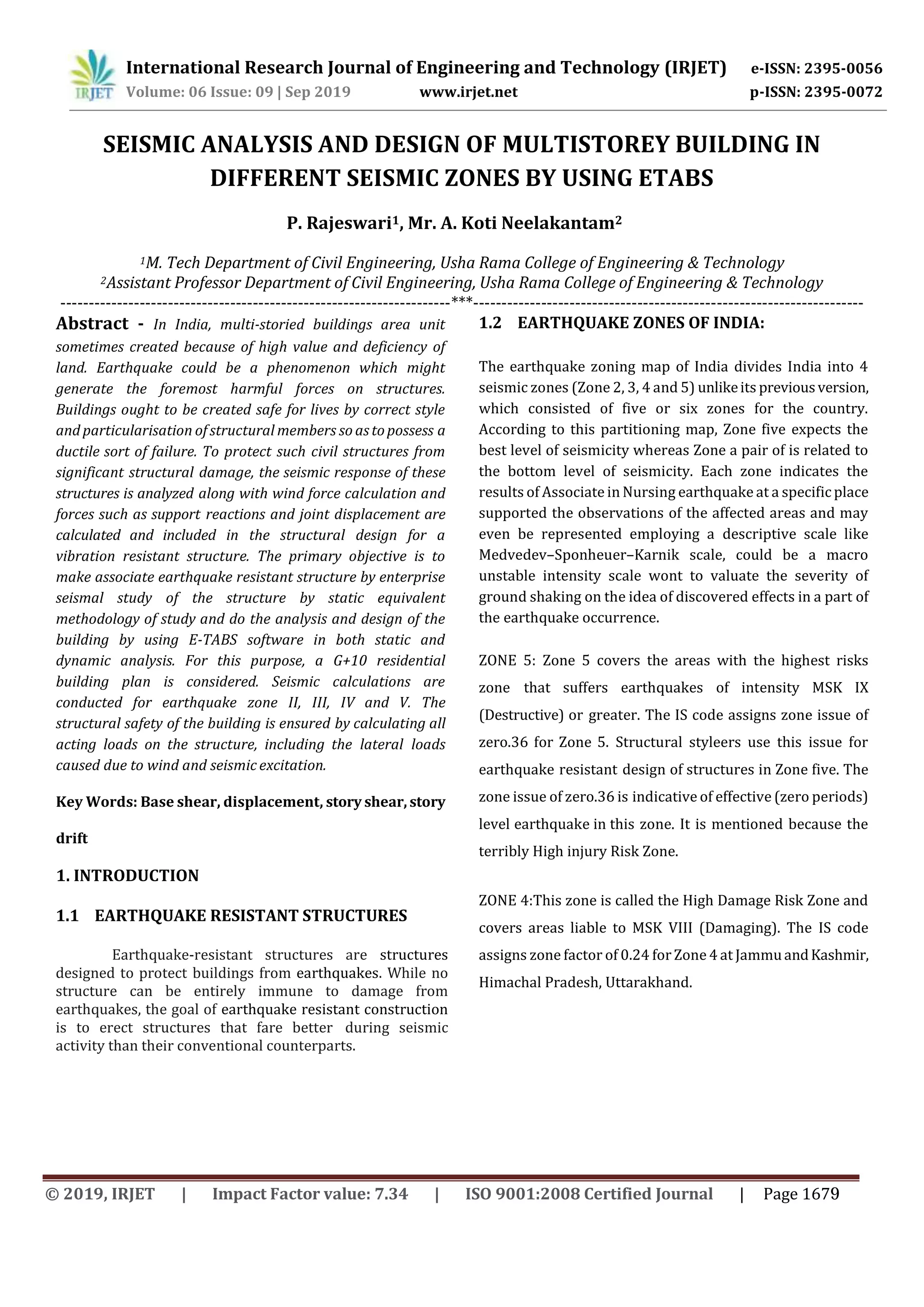 IRJET- Seismic Analysis and Design of Multistorey Building in Different Seismic Zones by using ...