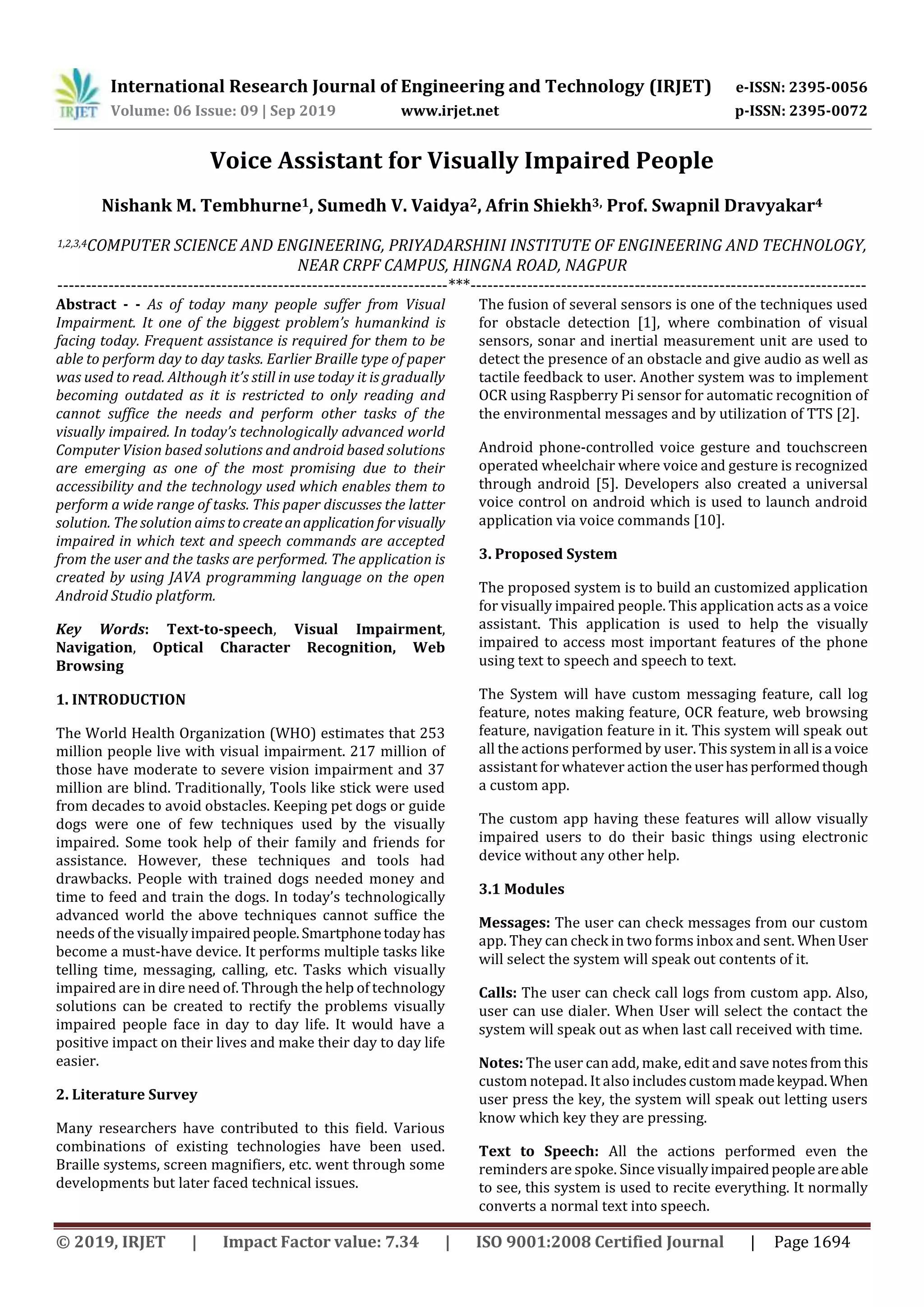 IRJET- Voice Assistant for Visually Impaired People | PDF