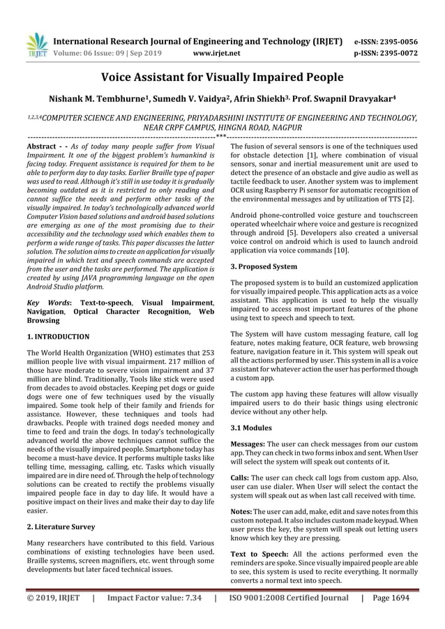 IRJET- Voice Assistant for Visually Impaired People | PDF