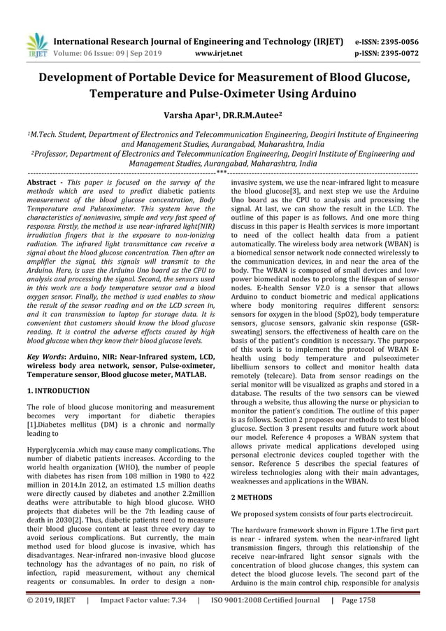 IRJET- Development of Portable Device for Measurement of Blood Glucose, Temperature and Pulse ...