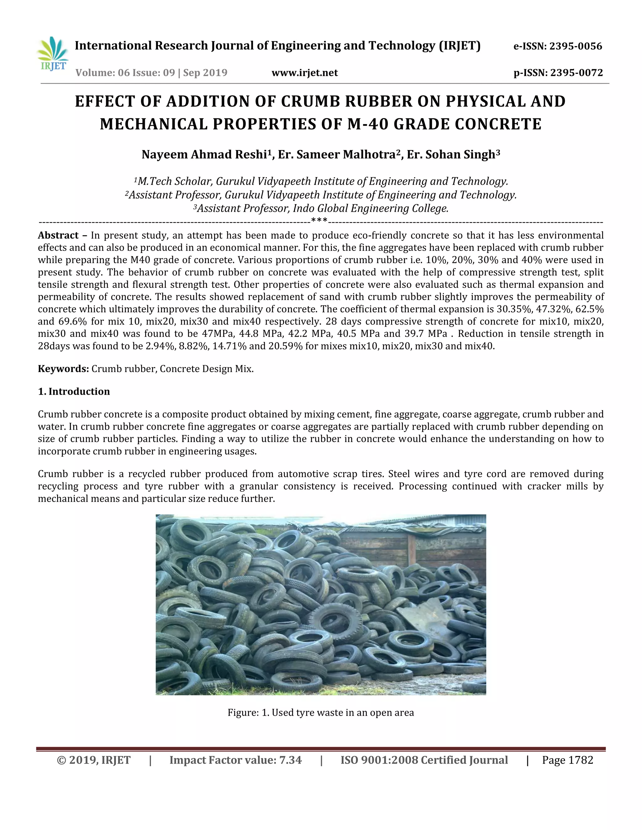 IRJET- Effect of Addition of Crumb Rubber on Physical and Mechanical ...