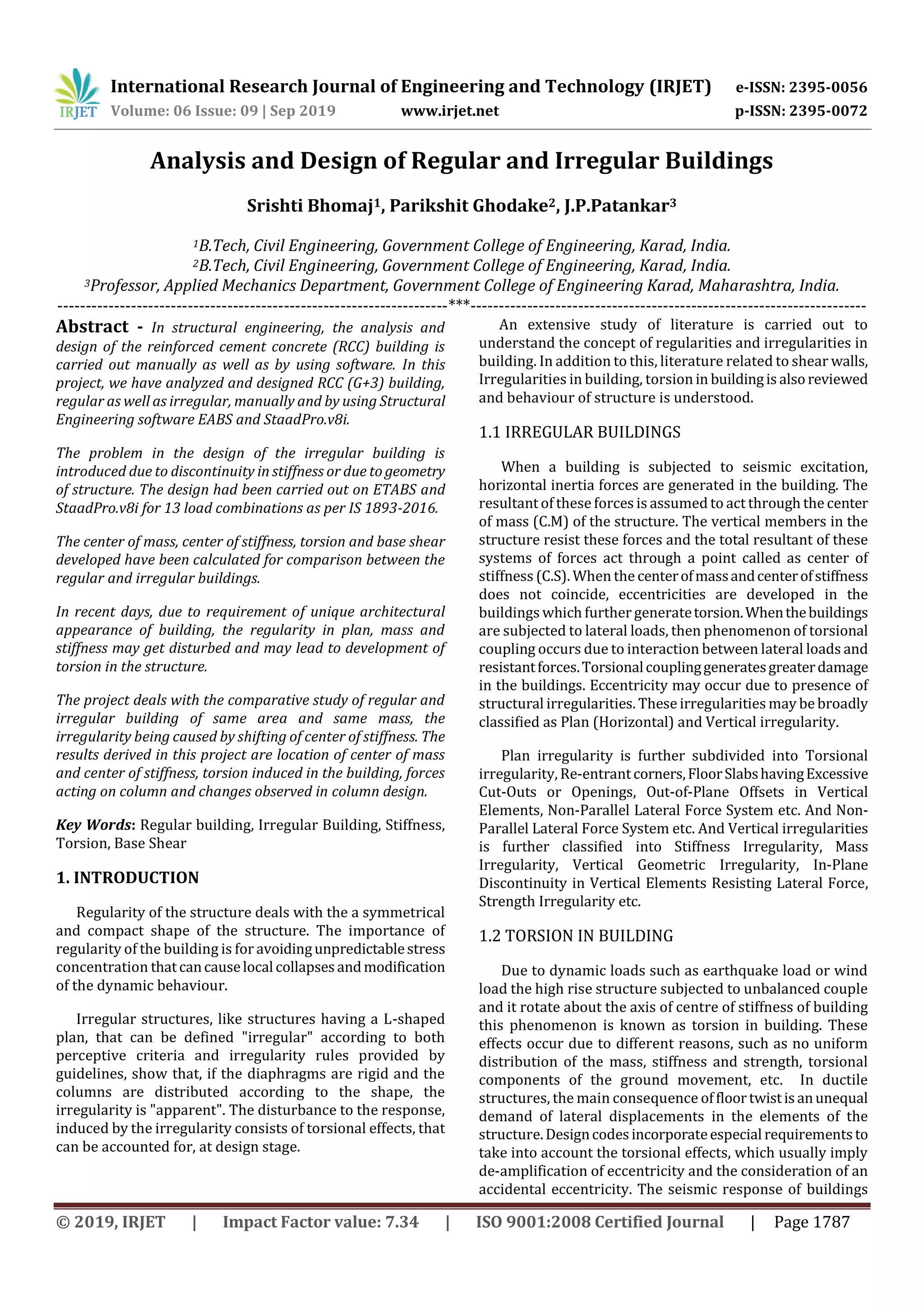 IRJET- Analysis and Design of Regular and Irregular Buildings | PDF