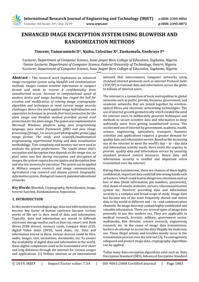 IRJET- Enhanced Image Encryption System using Blowfish and Randomization Methods | PDF
