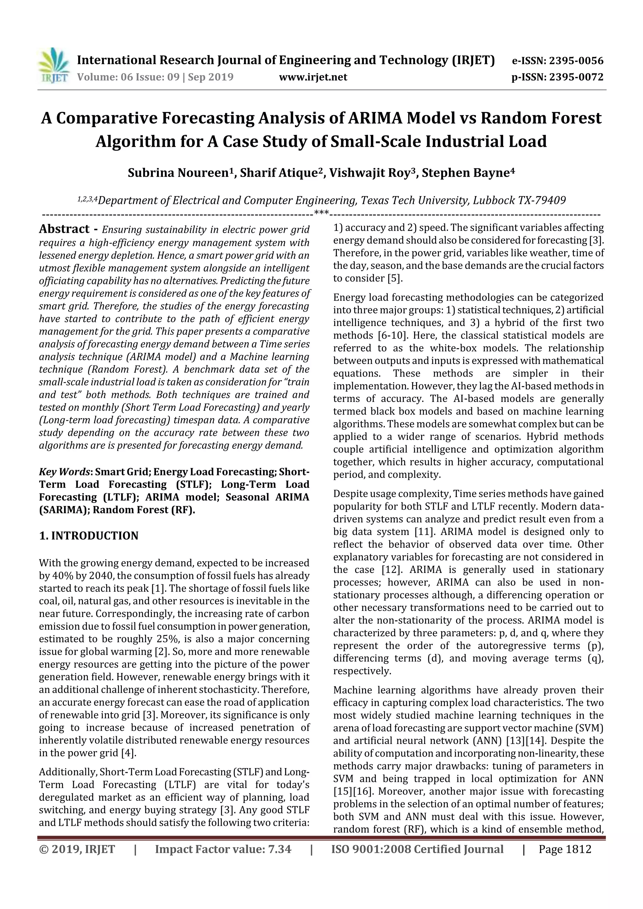 IRJET- A Comparative Forecasting Analysis of ARIMA Model Vs Random Forest Algorithm for a Case ...