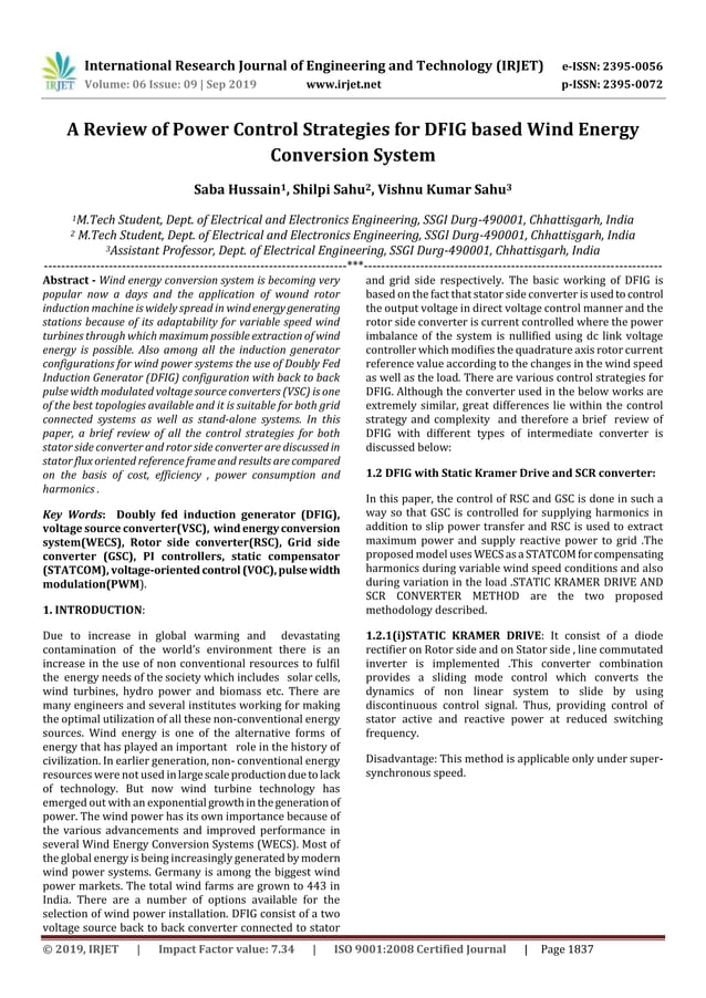 IRJET- A Review of Power Control Strategies for DFIG based Wind Energy Conversion System | PDF