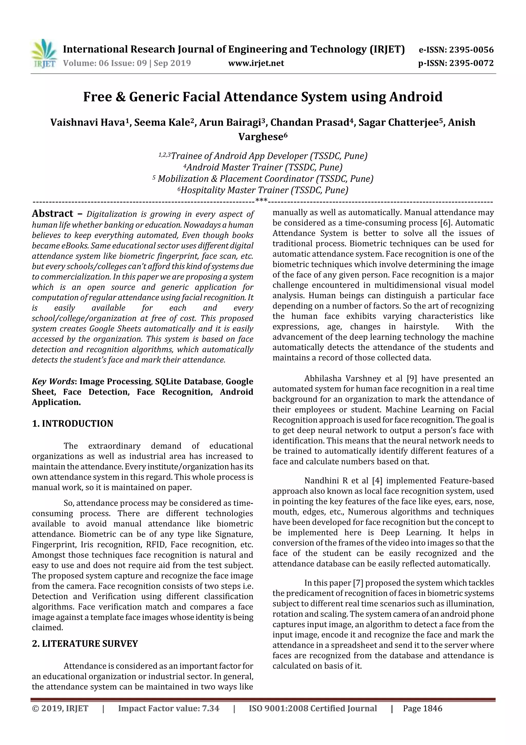 IRJET- Free & Generic Facial Attendance System using Android | PDF | Computer Software and ...