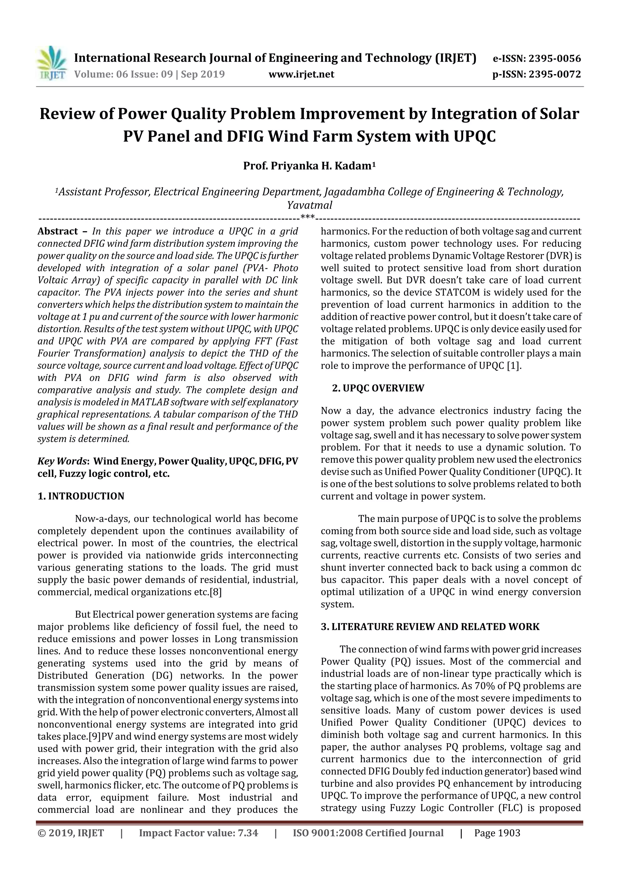 IRJET- Review of Power Quality Problem Improvement by Integration of Solar PV Panel and DFIG ...
