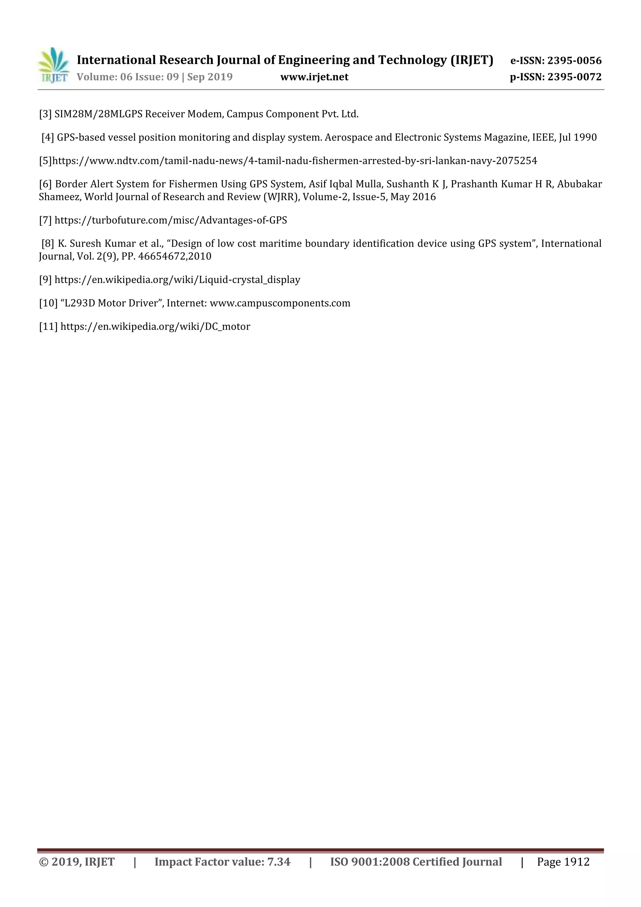 IRJET- Design of Border Alert System for Fishermen using GPS | PDF