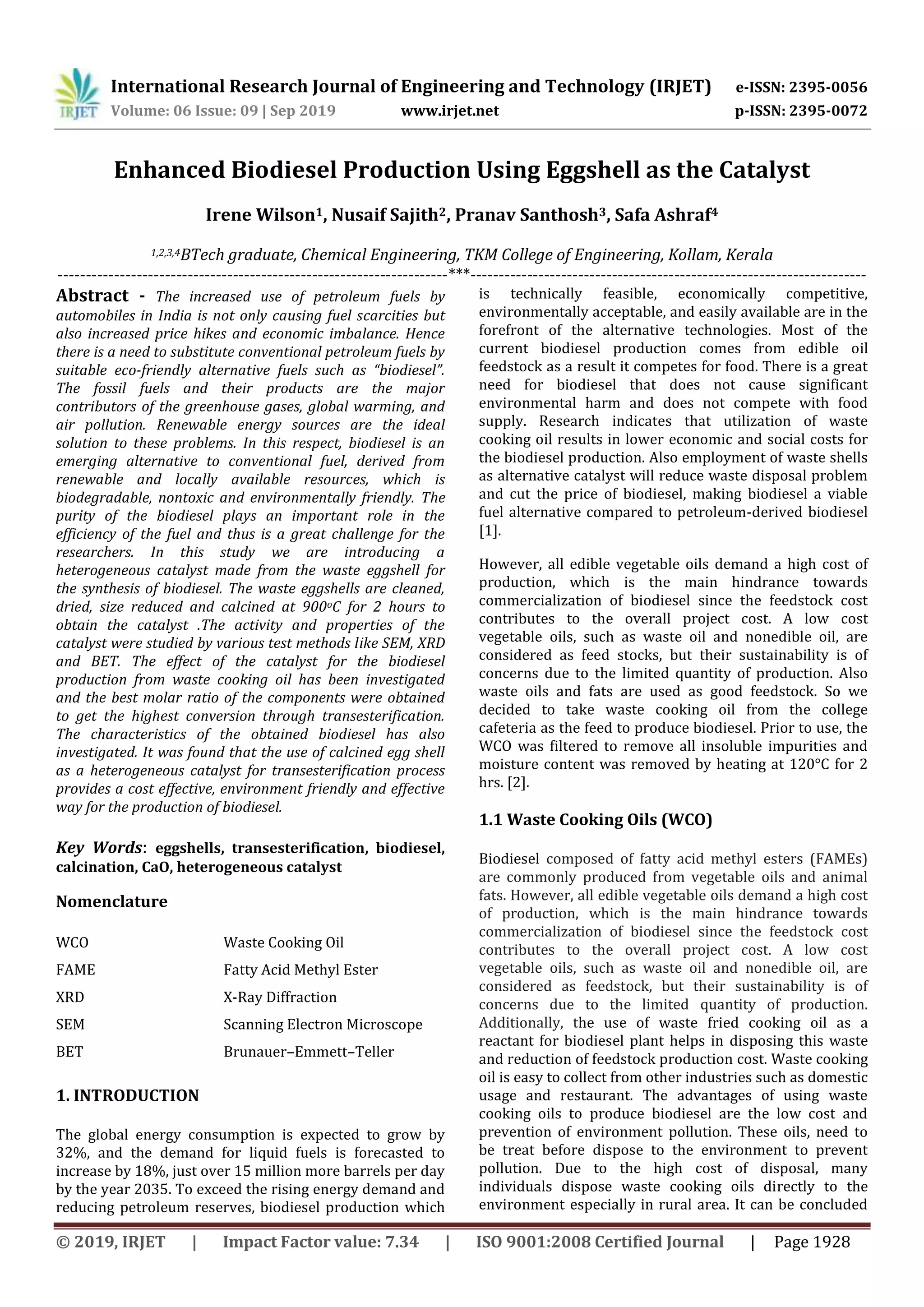 IRJET- Enhanced Biodiesel Production using Eggshell as the Catalyst | PDF