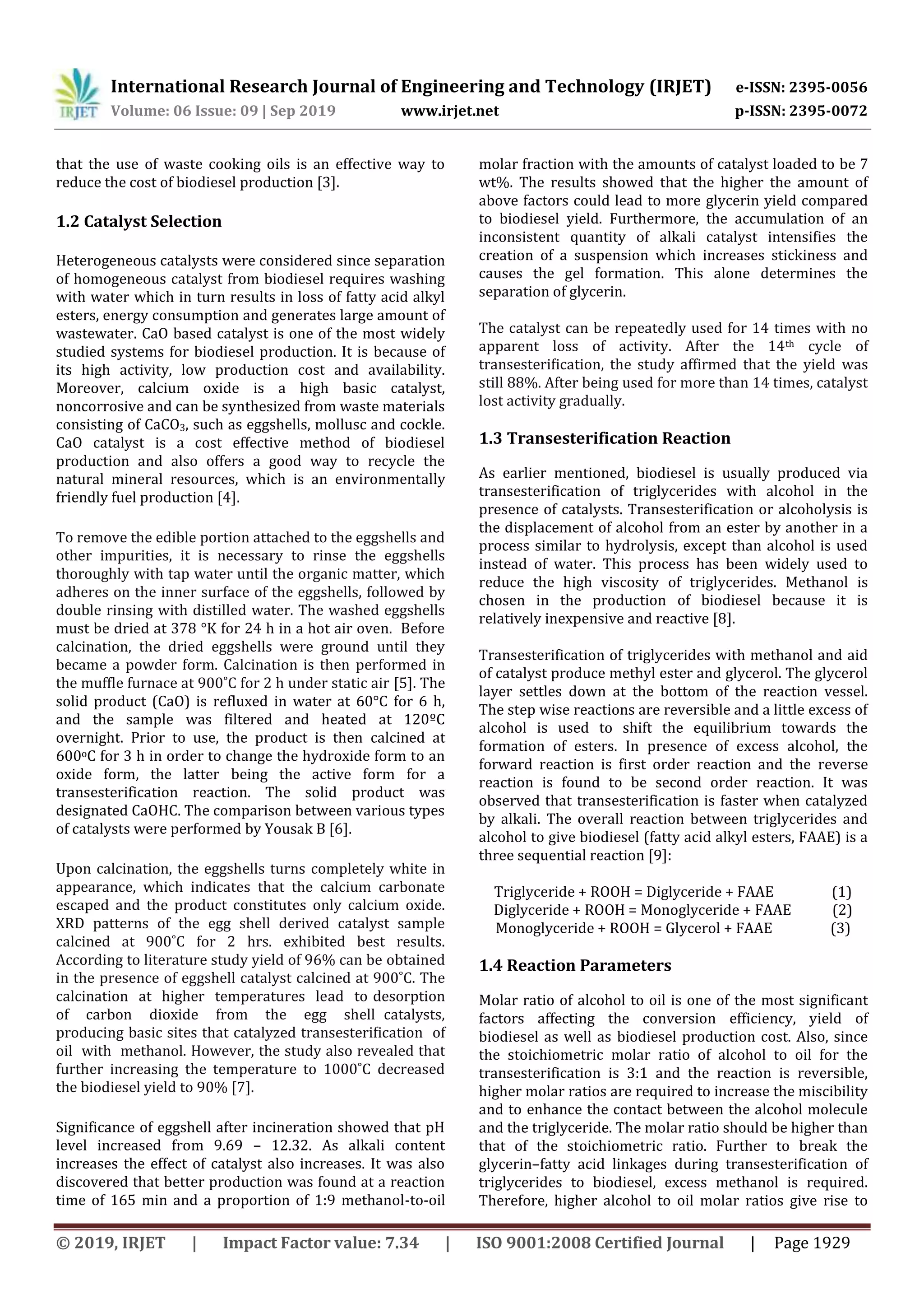 IRJET- Enhanced Biodiesel Production using Eggshell as the Catalyst | PDF