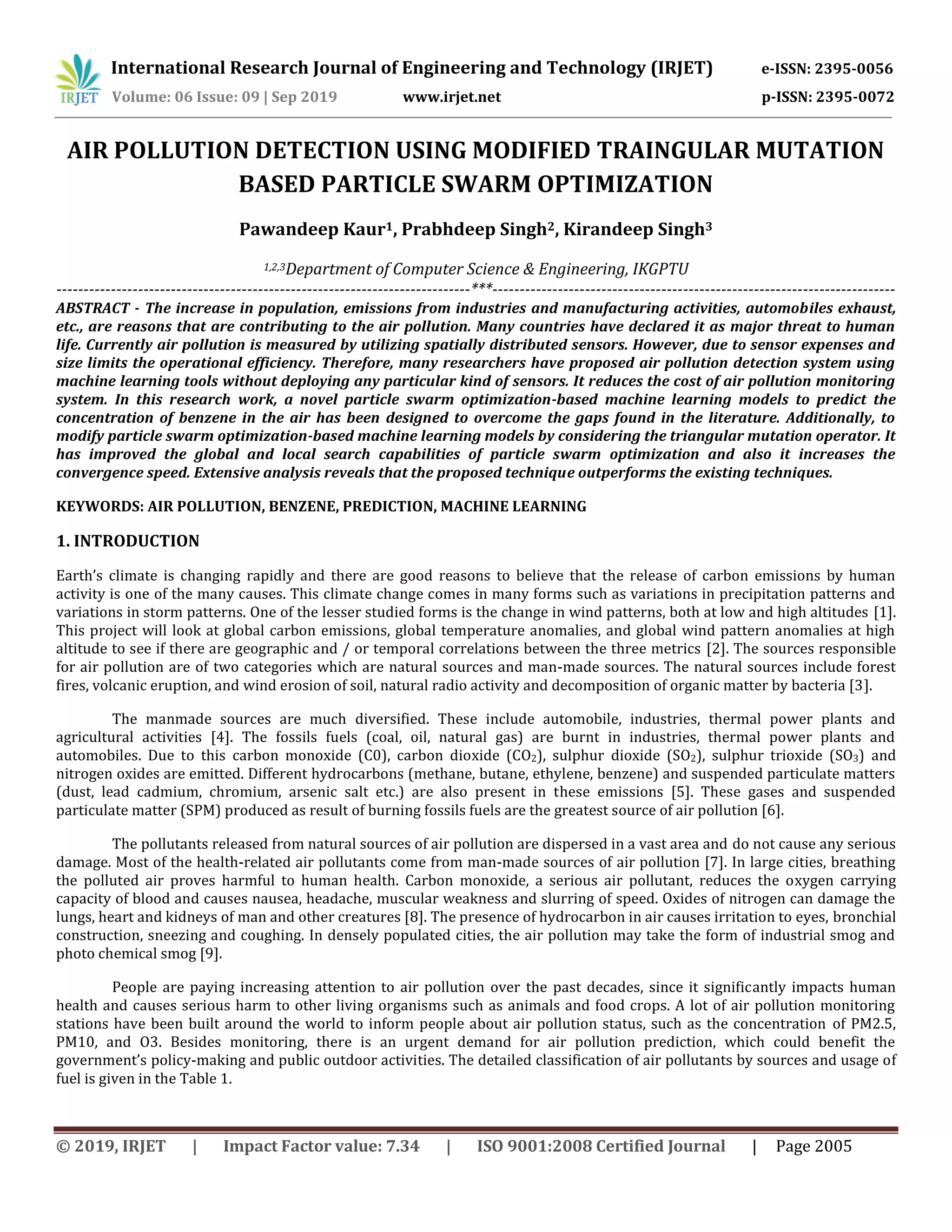 Irjet Air Pollution Detection Using Modified Traingular Mutation Based Particle Swarm