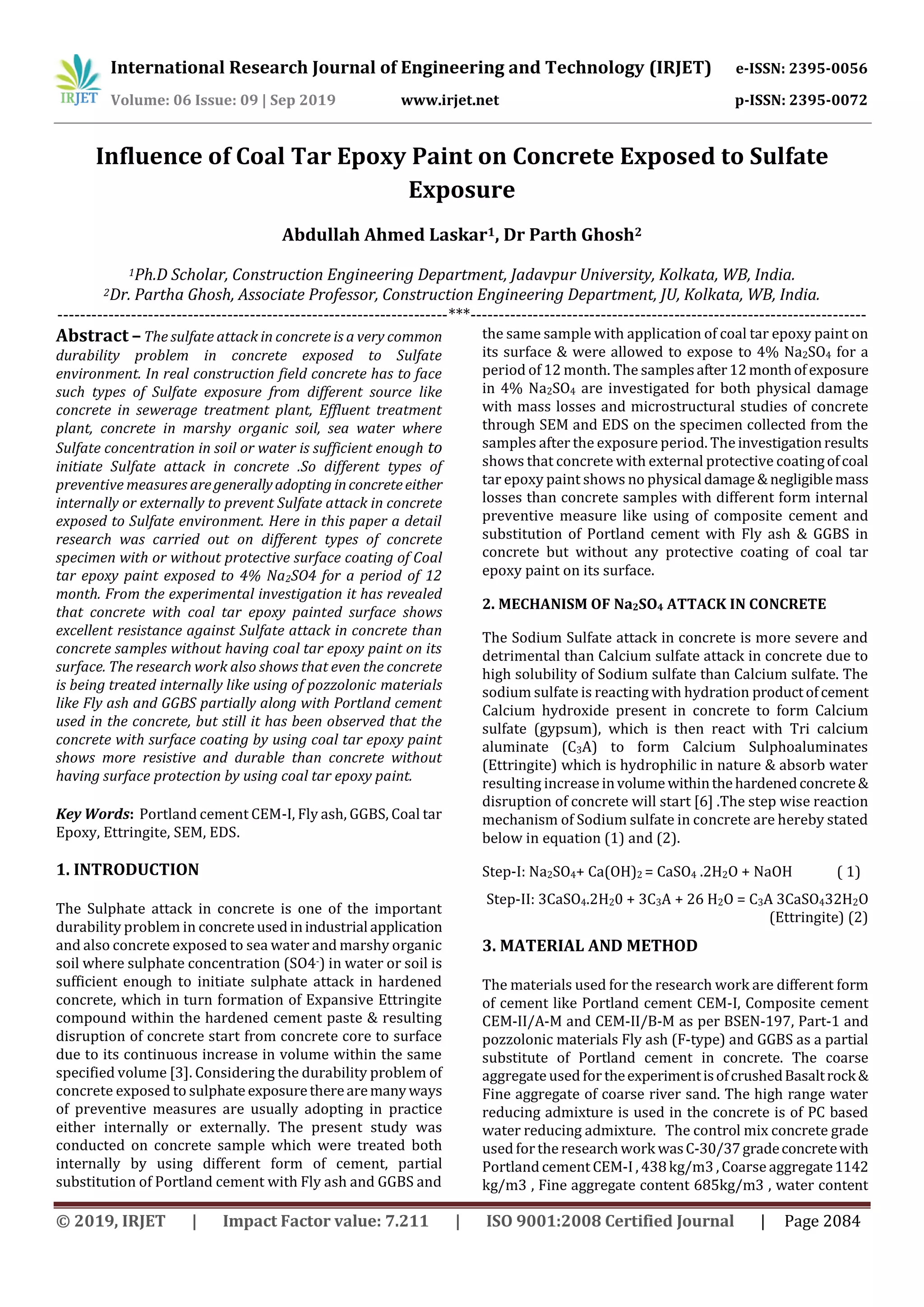 IRJET- Influence of Coal Tar Epoxy Paint on Concrete Exposed to Sulfate ...