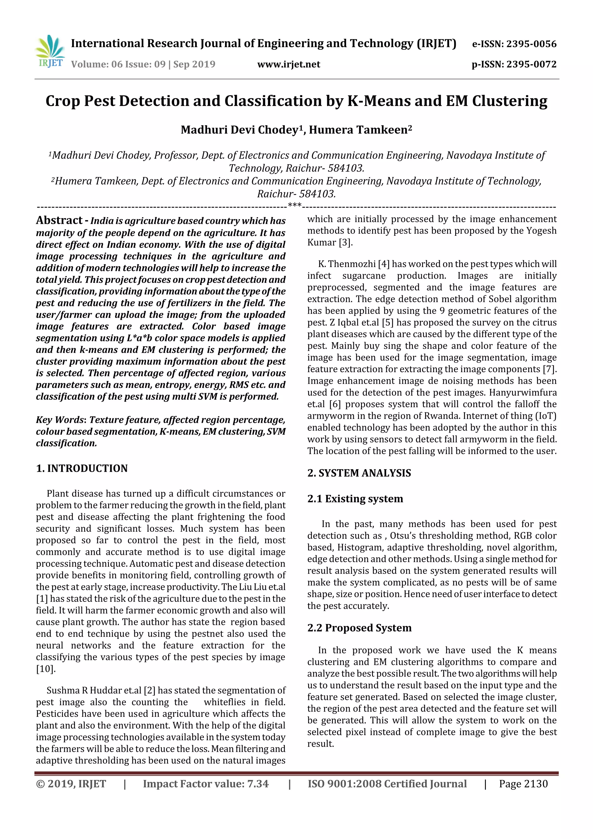 IRJET- Crop Pest Detection and Classification by K-Means and EM Clustering | PDF