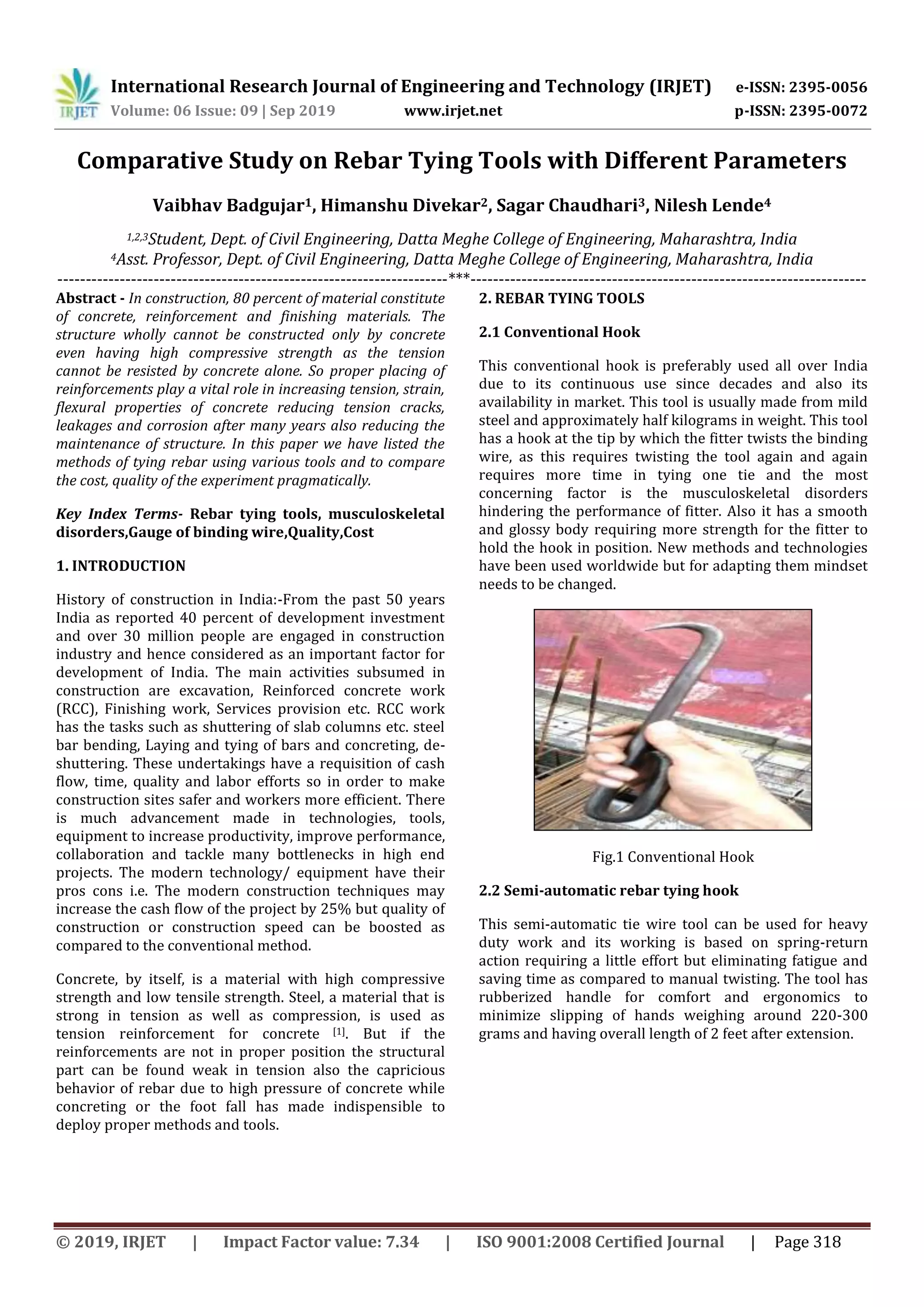 IRJET- Comparative Study on Rebar Tying Tools with Different Parameters ...