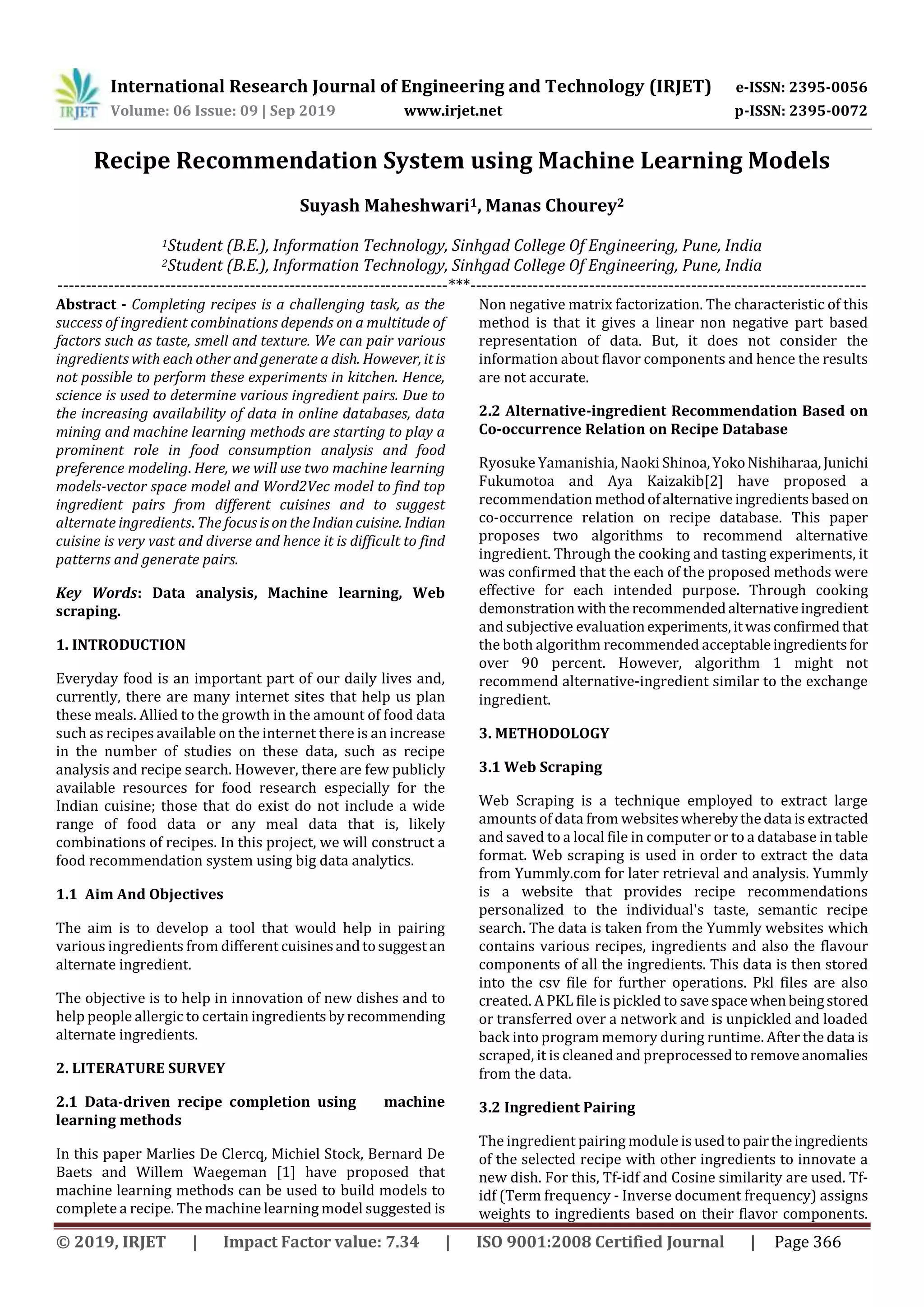 IRJET- Recipe Recommendation System using Machine Learning Models | PDF