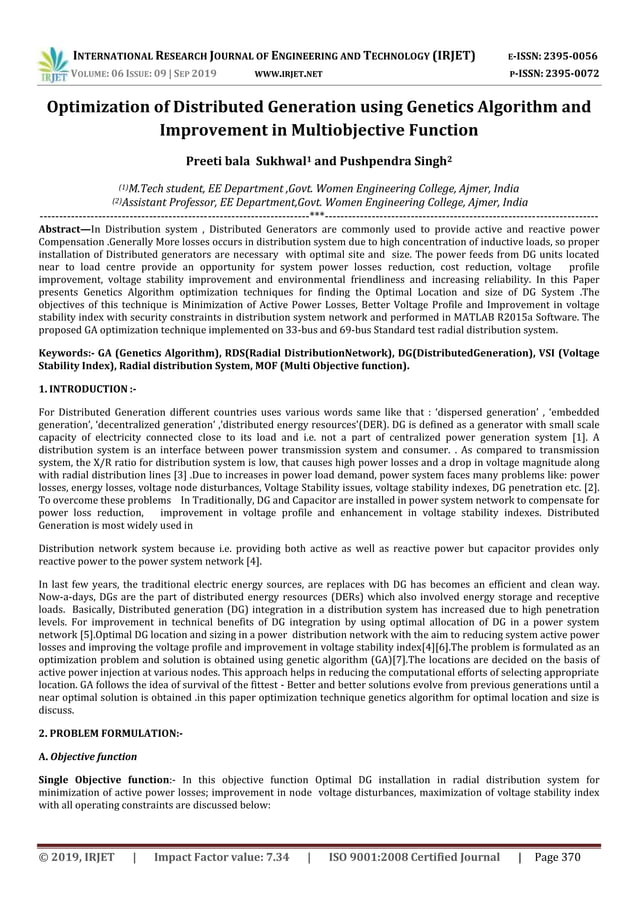 Irjet Optimization Of Distributed Generation Using Genetics Algorithm And Improvement In
