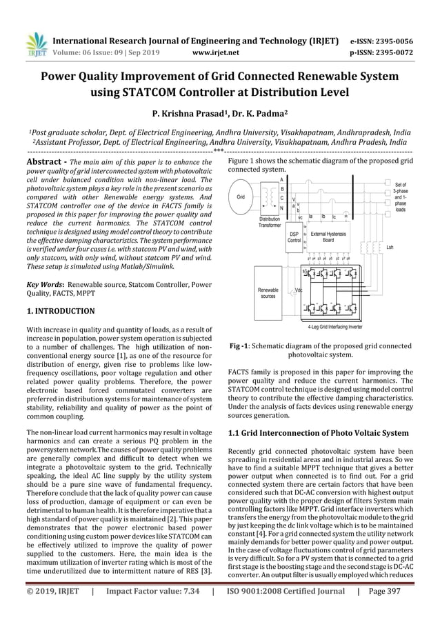 IRJET- Power Quality Improvement of Grid Connected Renewable System using STATCOM Controller at ...