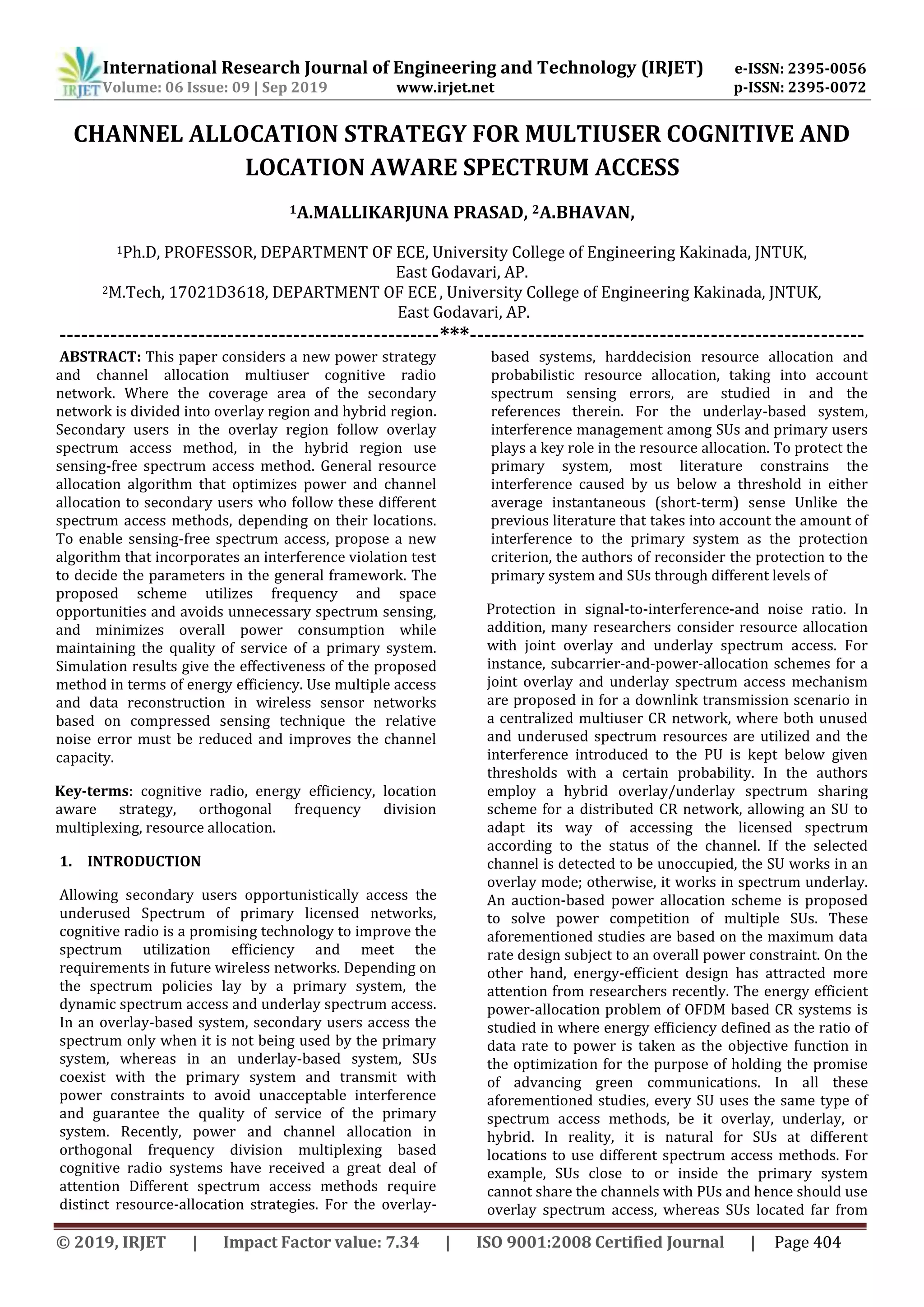IRJET- Channel Allocation Strategy for Multiuser Cognitive and Location Aware Spectrum Access ...