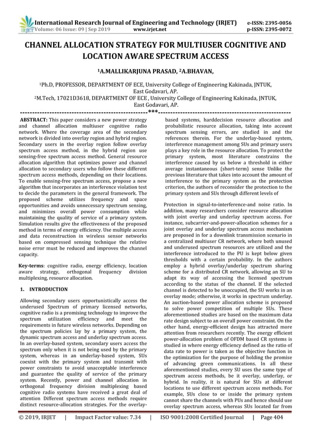 IRJET- Channel Allocation Strategy for Multiuser Cognitive and Location Aware Spectrum Access ...