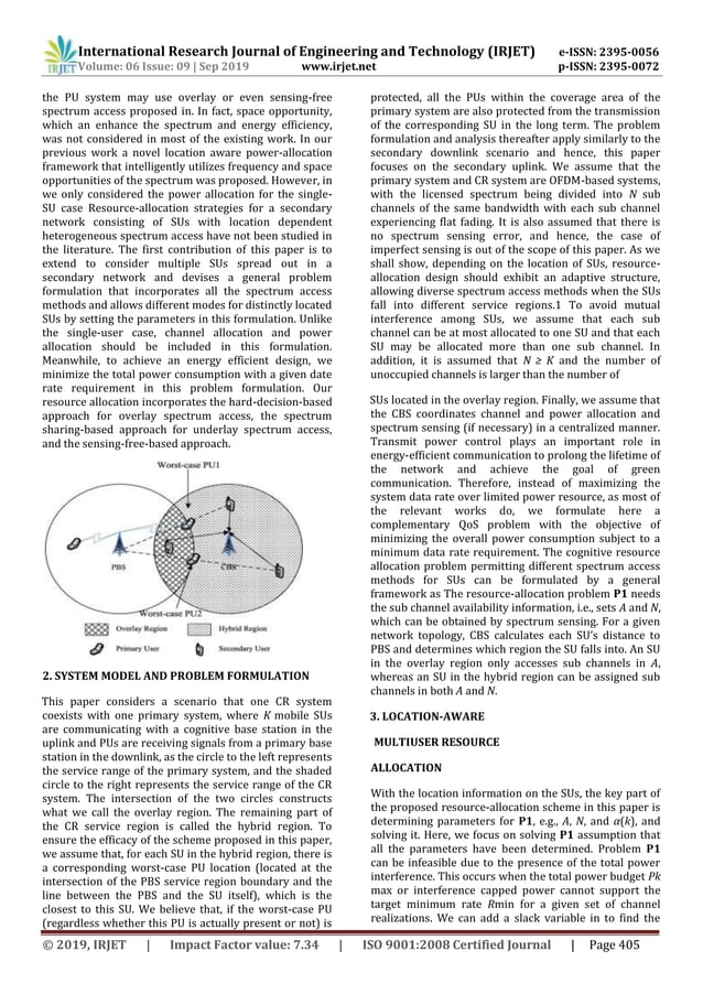 IRJET- Channel Allocation Strategy for Multiuser Cognitive and Location Aware Spectrum Access ...